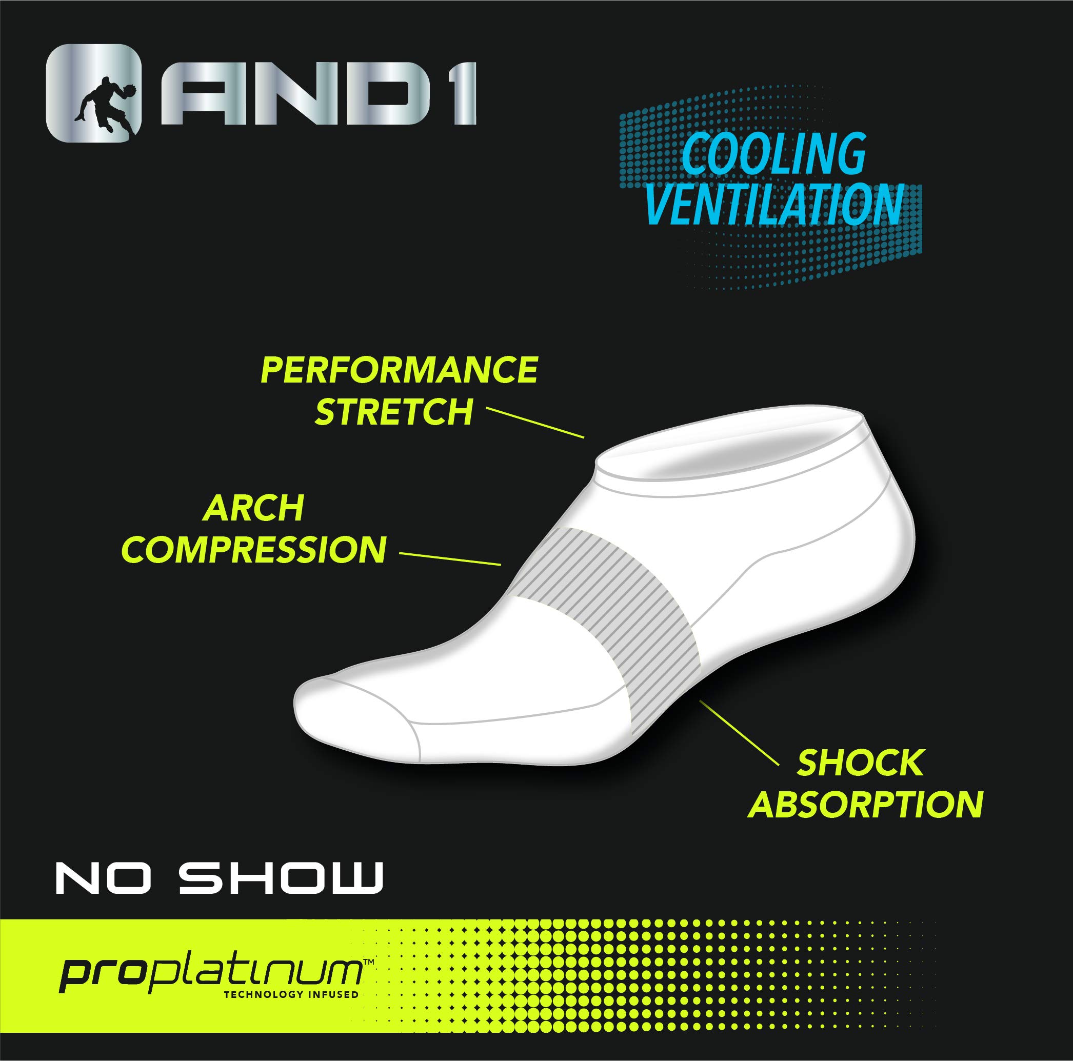 AND1 Men's Athletic Arch Compression Cushion Comfort No Show Socks (12 Pack), Size 6-12.5, Grey/Black