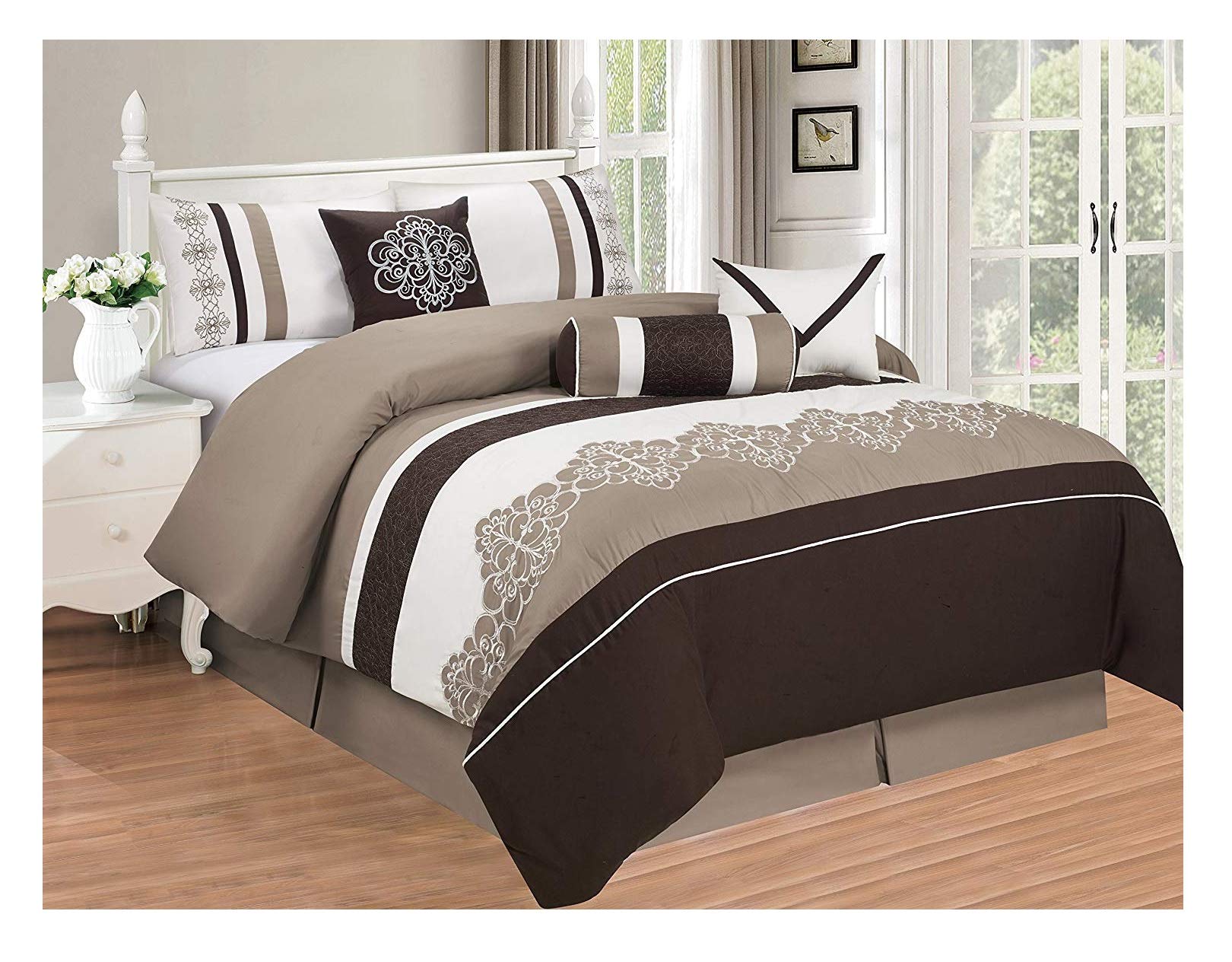 All American Collection New 7 Piece Embroidered Over-Sized Comforter Set (Queen, Dark Grey/Teal)