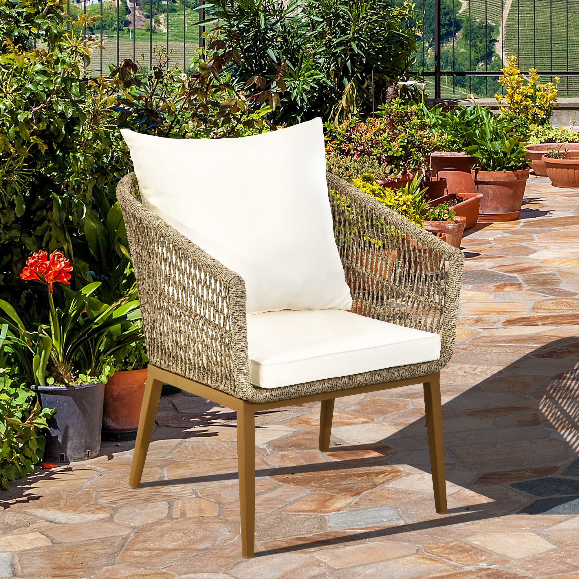 YITAHOME Outdoor Dining Single Sofa Chair, Indoor-Outdoor Wicker Bistro Chairs, PE Rattan Outdoor Armchair Seating for Patio, Backyard, Poolside, Balcony - Tan