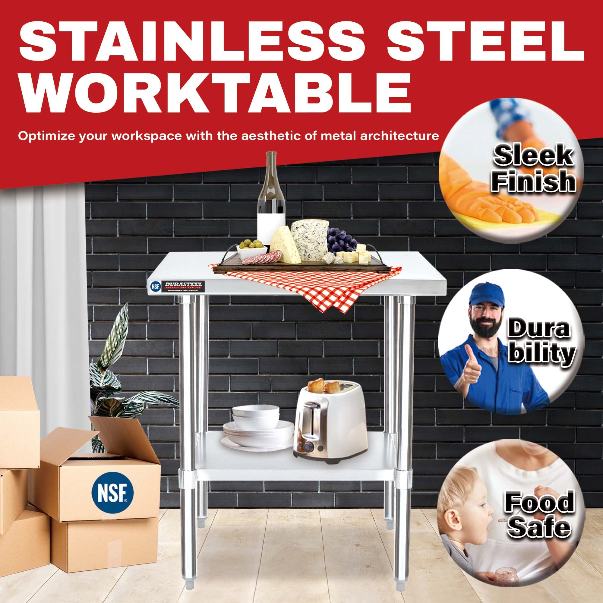 DuraSteel Food Prep Stainless Steel Table - 30 x 48 Inch Commercial Metal Workbench with Adjustable Under Shelf - NSF Certified - For Restaurant, Warehouse, Home, Kitchen, Garage
