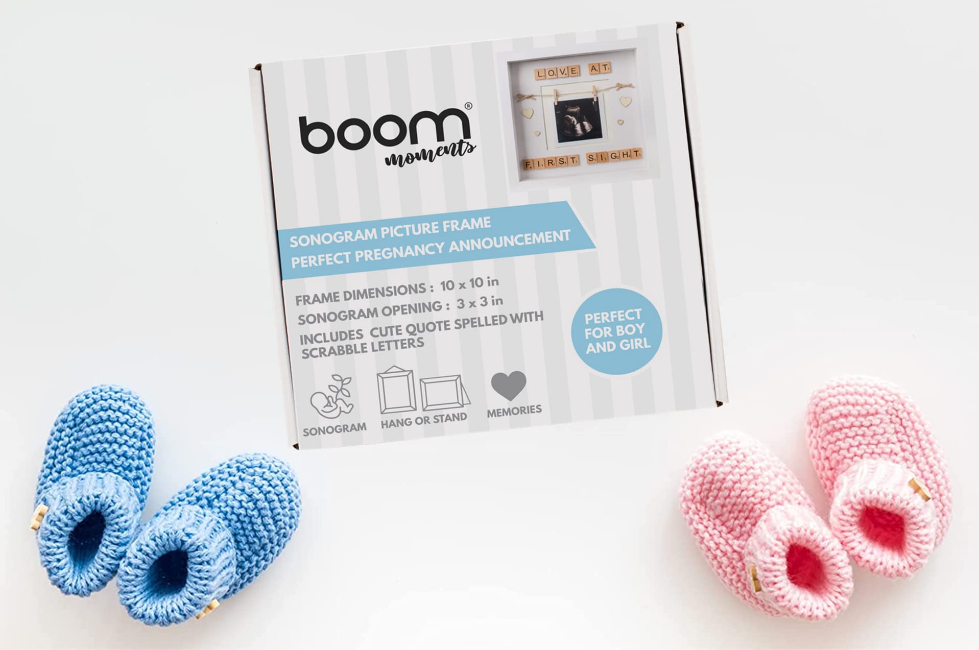 boom moments Sonogram Picture Frame | Scrabble Style Letters | Keepsake Baby Ultrasound Frame | Best Baby Announcement | Love at First Sight (10 x 10 Inches)