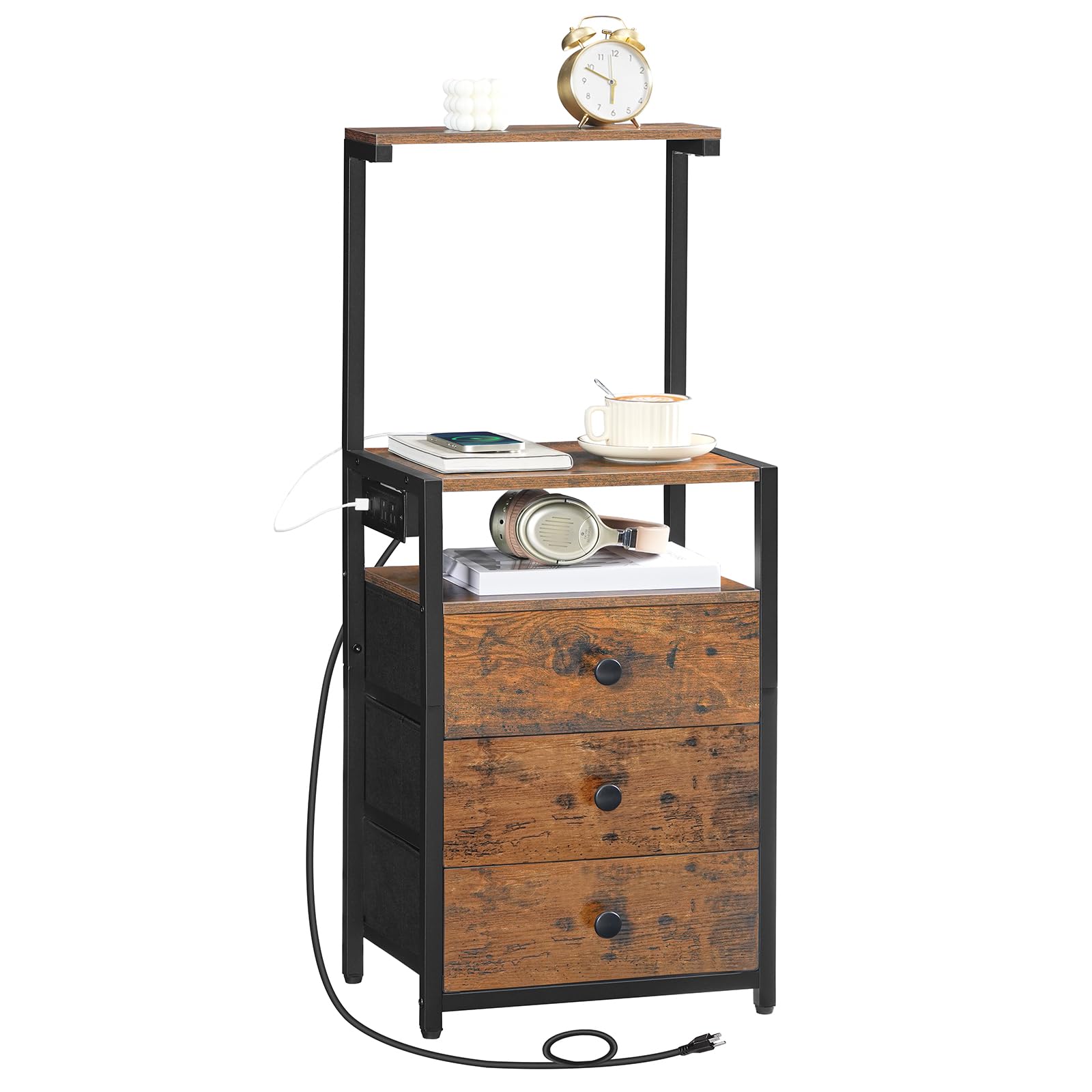 HOOBRO Nightstand with Charging Station, End Table with 3 Drawers and Storage Shelves, Side Table with USB Ports and Outlets, Bedside Table for Bedroom, Rustic Brown and Black BF131UBZ01