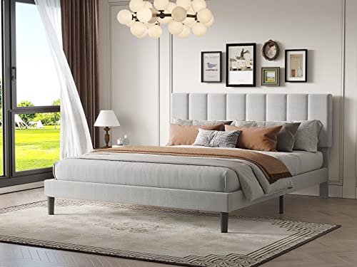 BONSOIR King Size Bed Frame Modern Vertical Panel Upholstered Low Profile Platform with Tufted Headboard/No Box Spring Needed/No Bed Skirt Needed/Linen Fabric Upholstery/Light Grey