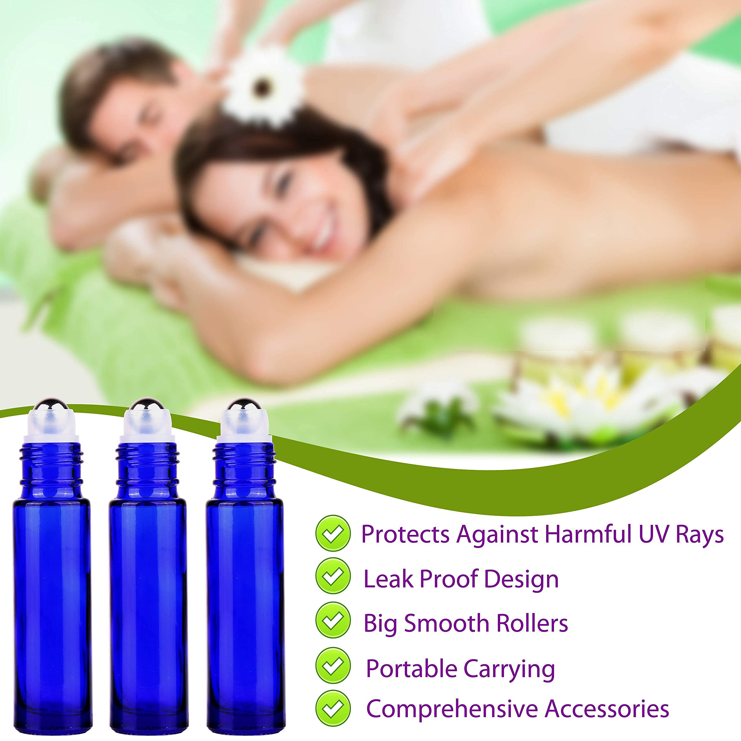 inice 24 Pack,10ml Roller Bottles for Essential Oils Cobalt Blue Glass Stainless Steel Roll On Ball Bottles for Travel