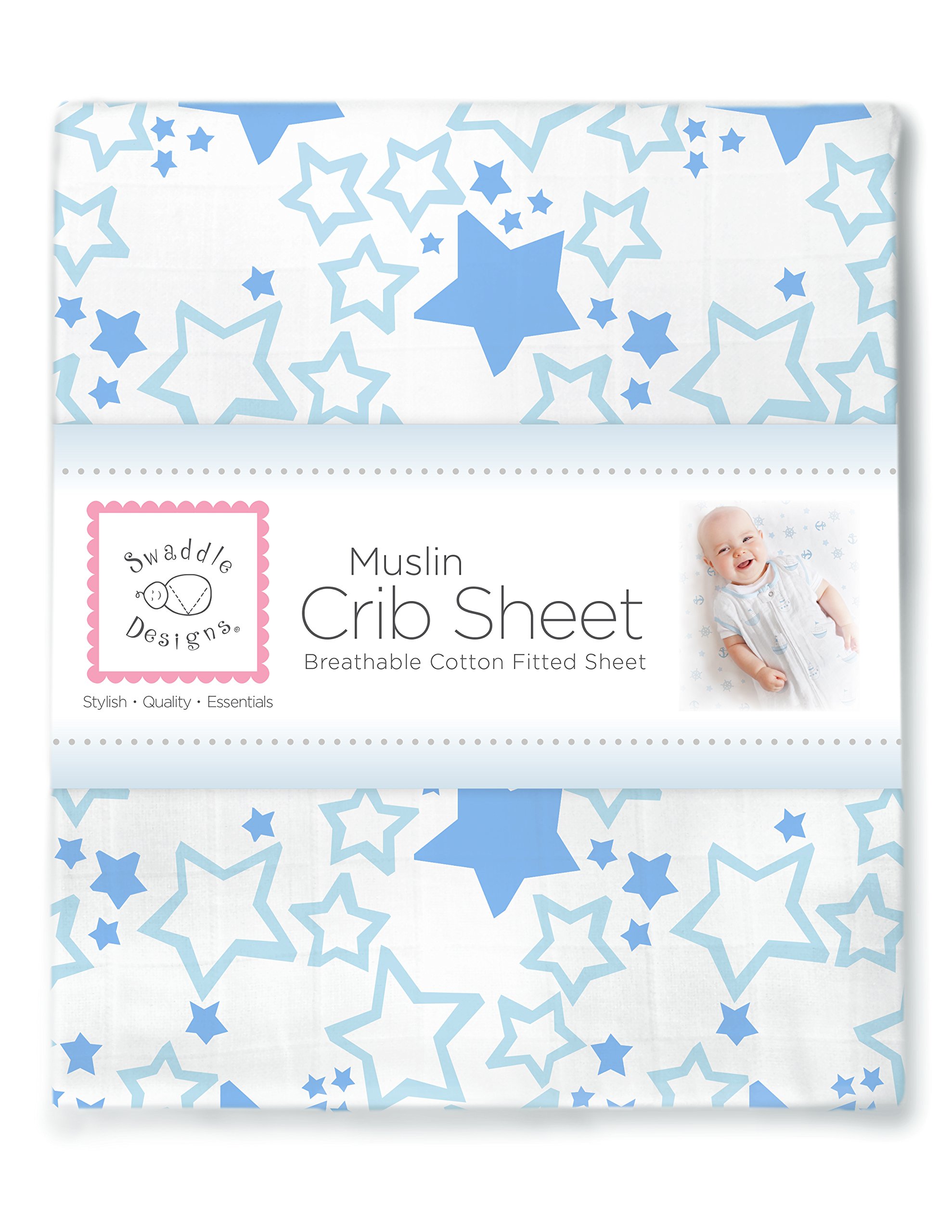 SwaddleDesigns Softest Cotton Muslin Fitted Crib Sheet/Toddler Sheet for Baby Boy & Girl, Blue Starshine