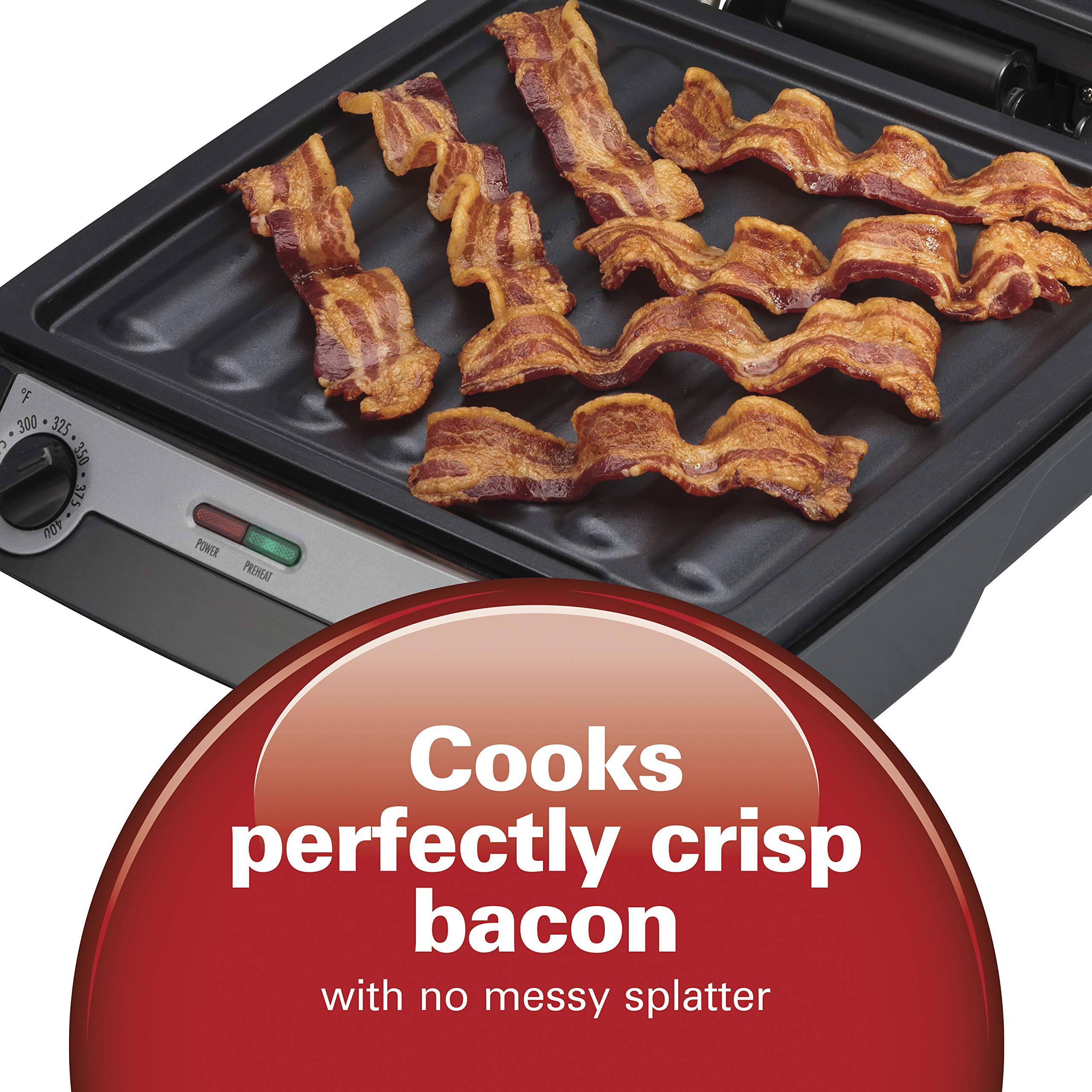 Hamilton Beach 3-in-1 Indoor Grill and Electric Griddle Combo and Bacon Cooker, Opens 180 Degrees to Double Cooking Space, Removable Nonstick Grids, (25600)