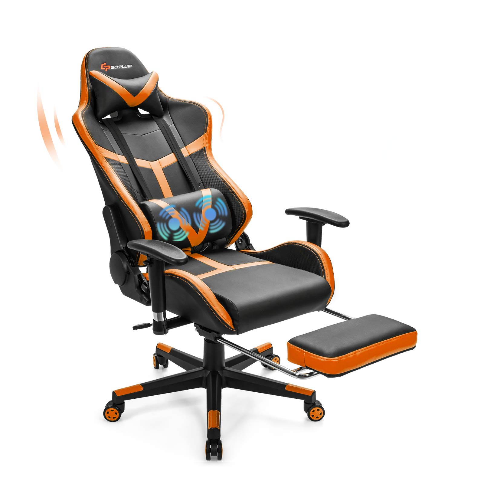 Goplus Gaming Chair, Massage Office Chair Computer Gaming Racing Chair, High Back PU Leather Adjustable Ergonomic Reclining PC Game Chair, Rolling Swivel Executive Chair with Footrest (Blue)