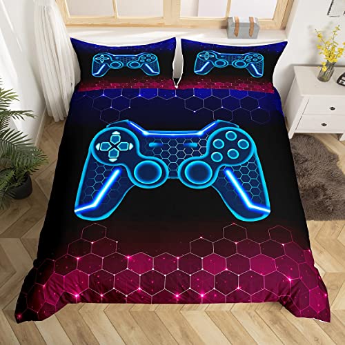 Gamer Bedding Set for Kids Boys Girls Gaming Honeycomb Geometric Comforter Cover Set Full Size Video Game Gamepad Duvet Cover Bedroom Decor Gamer Blue Red Bedspread Cover Bedding Collection 3Pcs