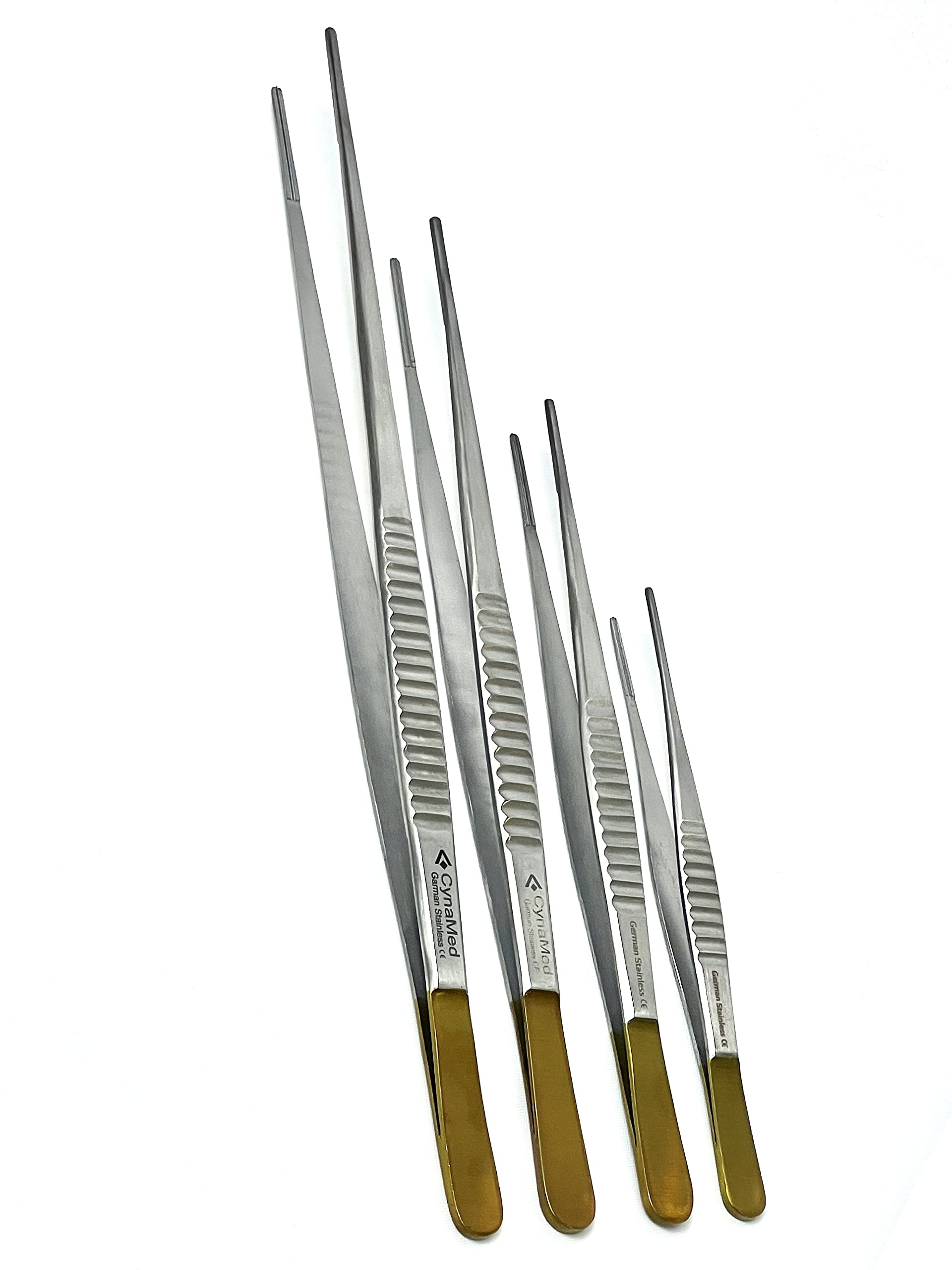 German Set of 4 Each Debakey Forceps Serrated Narrow Tips for Atraumatic Veterinary Microscopy Dissection Comes in Gold Handle 6”+8”+10”+12”