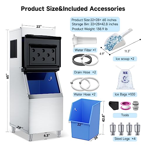 Coolski Commercial Ice Maker Machine 300LBS/24H, 22'' Air Cooled Commercial Ice Machine with Ice Bin, Modular Ice Machine for Restaurants Clear Ice Cubes/Stainless Steel Construction/ETL Approved