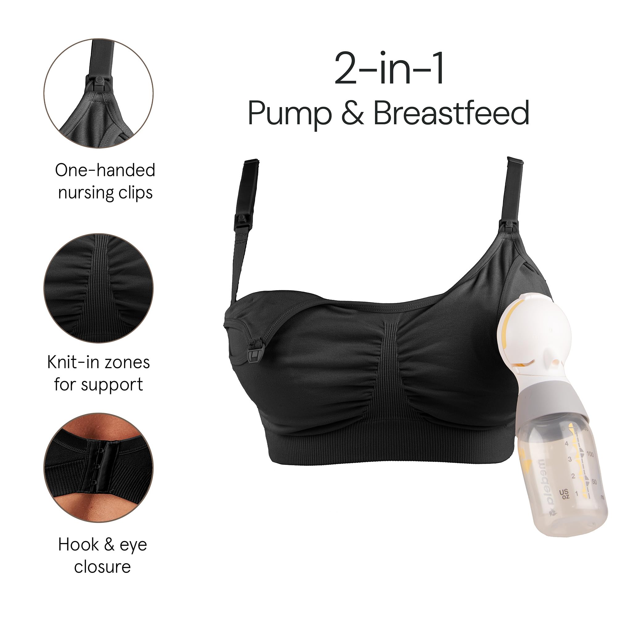 Bravado Designs Hands Free Pumping Bra & Nursing Bra 2-in-1 Seamless for Maternity & Breastfeeding, Black, Large