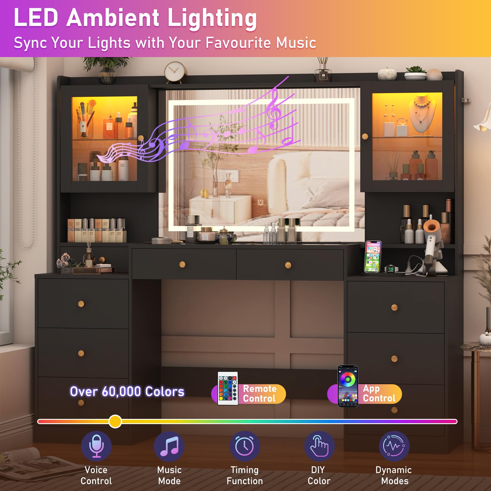 62" Large White Vanity Desk w/ Tempered Glass Top,60000-color LED Lights,Power Outlet, Make up Vanity w/ 3 Lights Mode LED Mirror,9 Drawers,2 RGB Cabinet LED Vanity Table for Women,Girls