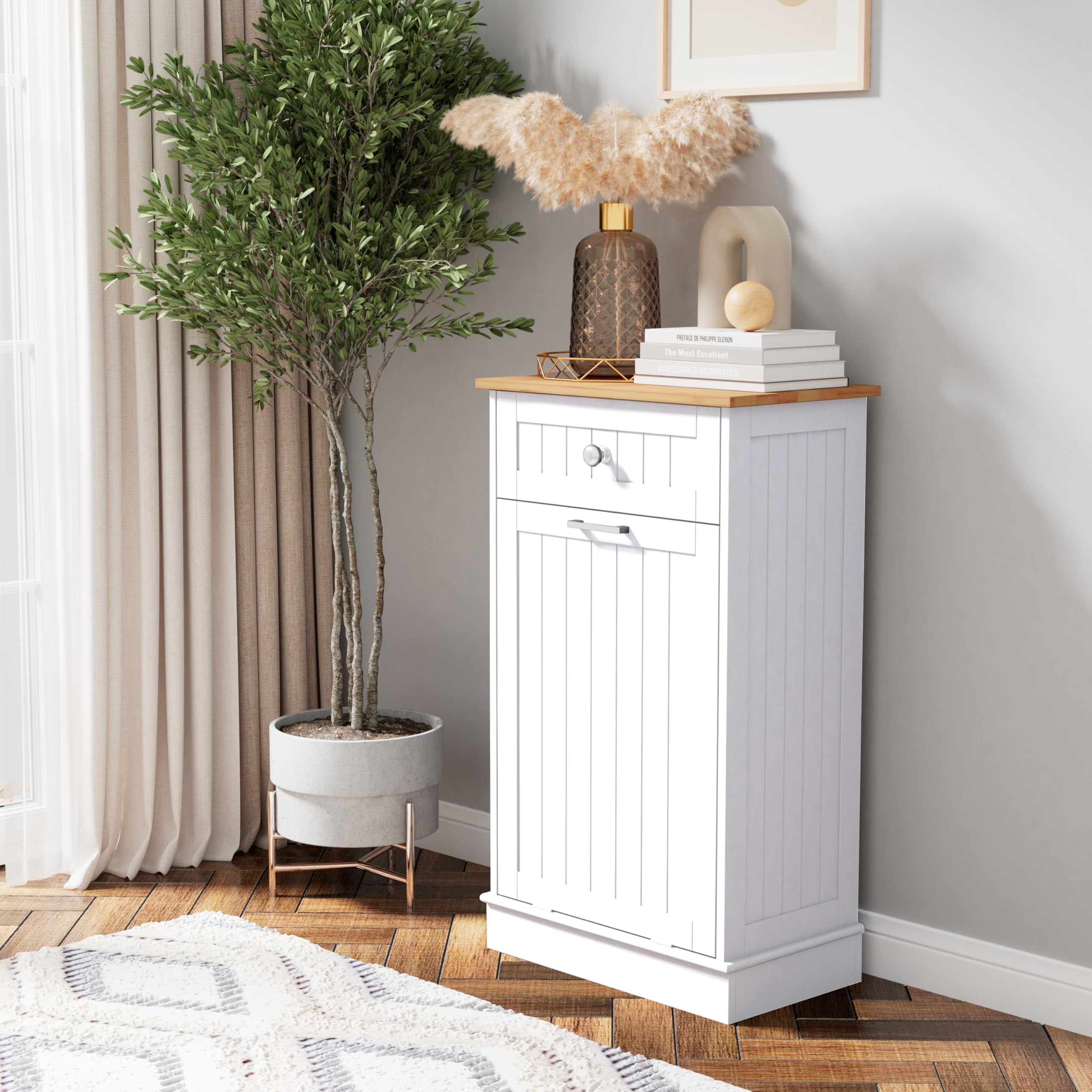 DLATRE Tilt Out Trash Cabinet 10 Gallon Kitchen Trash Can Holder Recycling Cabinet Laundry Hamper with Bamboo Cutting Board Hideaway Drawer Wooden with Added Countertop Space Keep Pets Out (White)