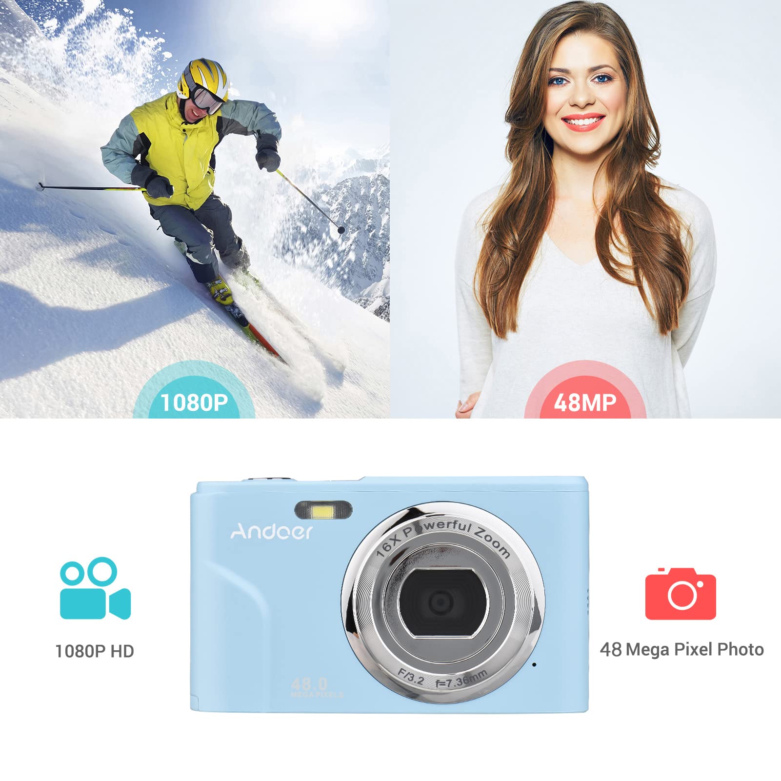 Andoer Portable Digital Camera 48MP 1080P 2.4-inch IPS Screen 16X Zoom Auto Focus Self-Timer 128GB Extended Memory Face Detection Anti-Shaking with 2pcs Batteries Hand Strap Carry Pouch