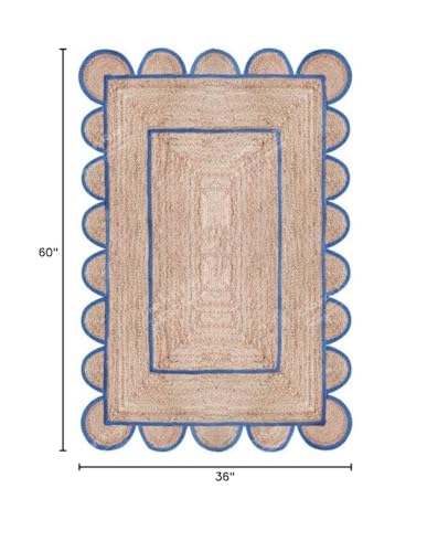 Chouhan Rugs Area Rug Natural Jute Hand Braided Rug Light Blue Scalloped Runner