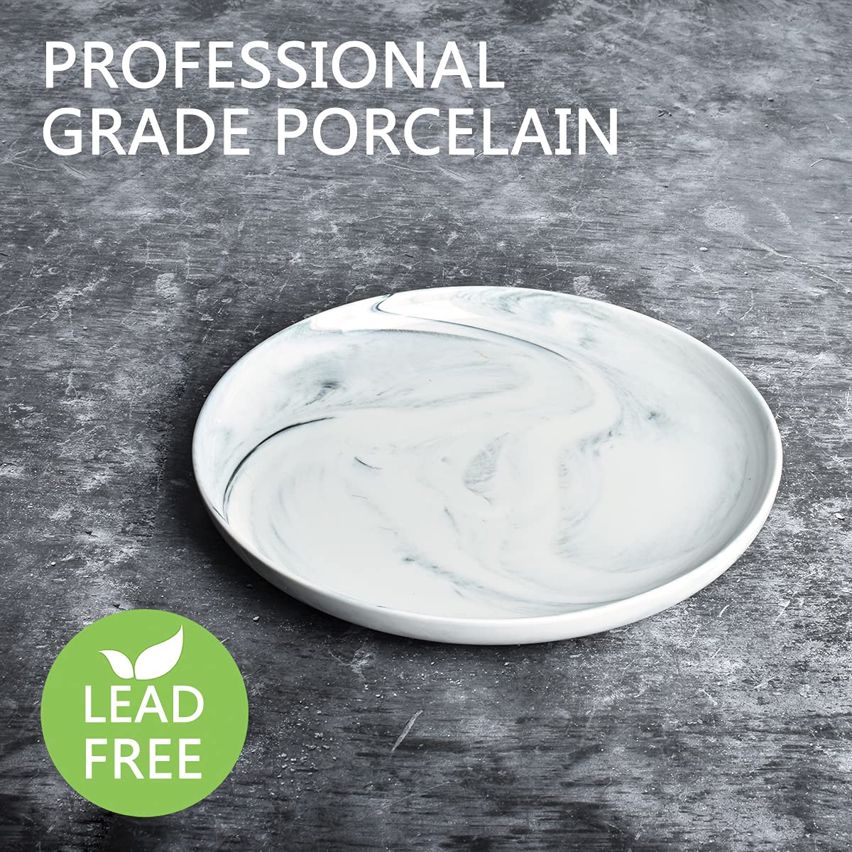 Bosmarlin Marbling Ceramic Rimmed Salad Plates, 8 inches, Set of 4 for Appetizer, Pasta, Dessert, Microwave and Dishwasher Safe (Grey, 8 in)