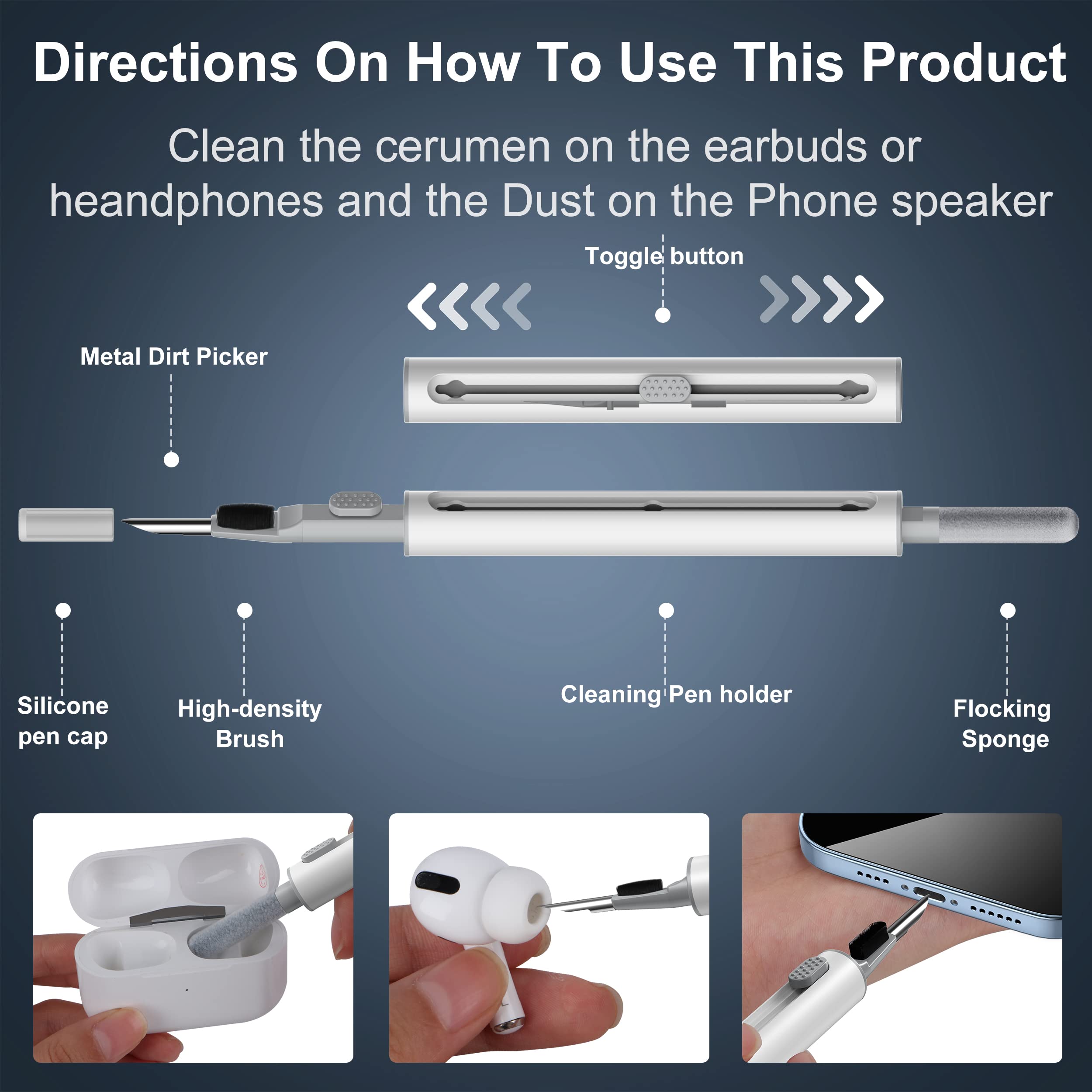 Bekala AirPods iPhone Cleaning Kit Tool,3 in 1 Bluetooth Headphone Cleaning Pen, Cleaner Pen Tool for Phone Speaker Earbuds/Airpods Pro/Samsung Earbuds Case with Flocking Sponge, Soft Brush