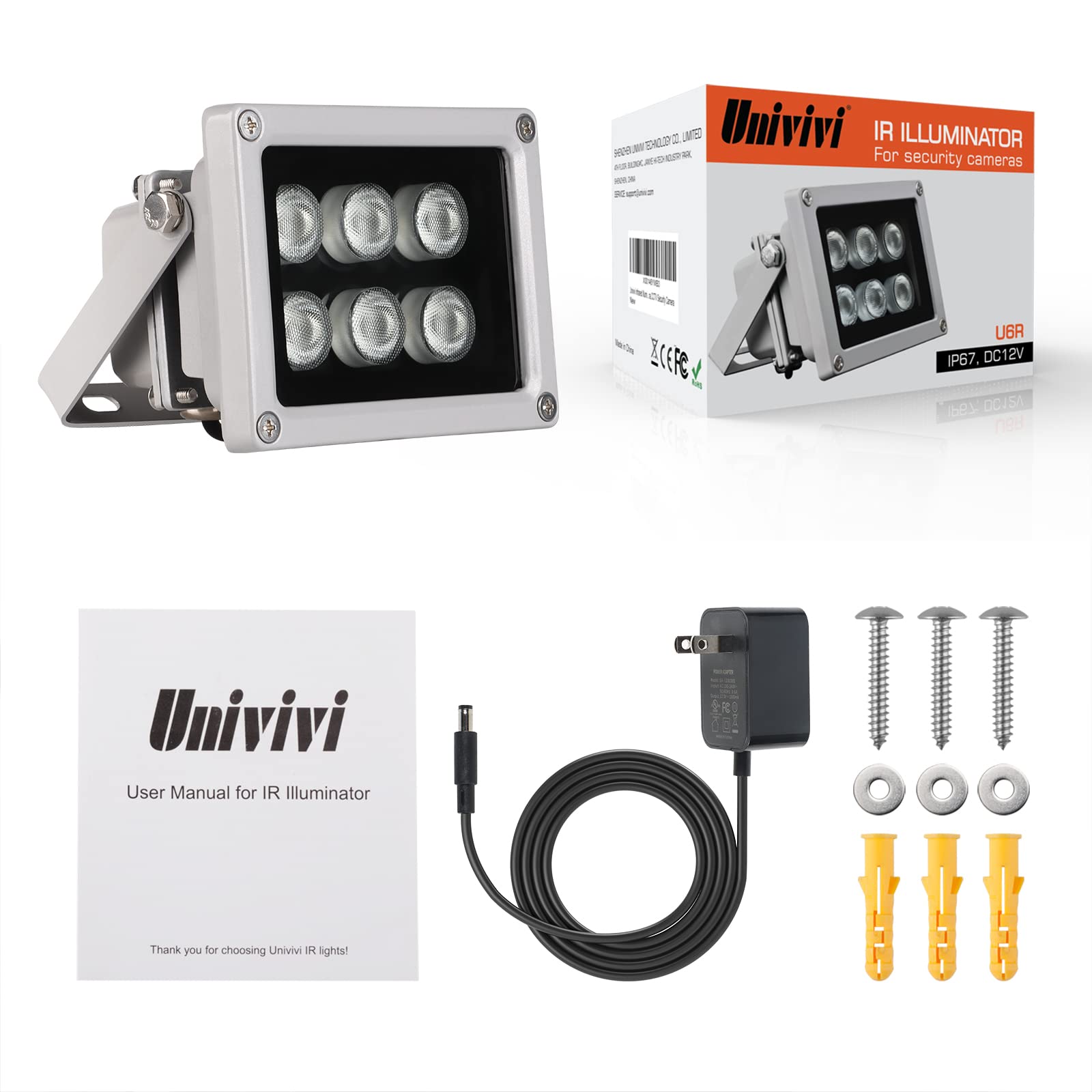 Univivi Infrared Illuminator, 850nm 6 LEDs 90 Degree Wide Angle IR Illuminator for Night Vision,Waterproof LED Infrared Light for IP Camera,CCTV Security Camera