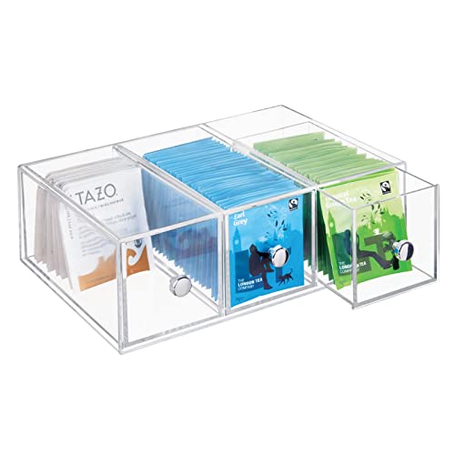 mDesign Plastic Kitchen Pantry Stackable Storage Organizer Container Station with 3 Drawers for Cabinet, Countertop, Holds Coffee, Tea, Sugar Packets, Creamers - Lumiere Collection - Clear