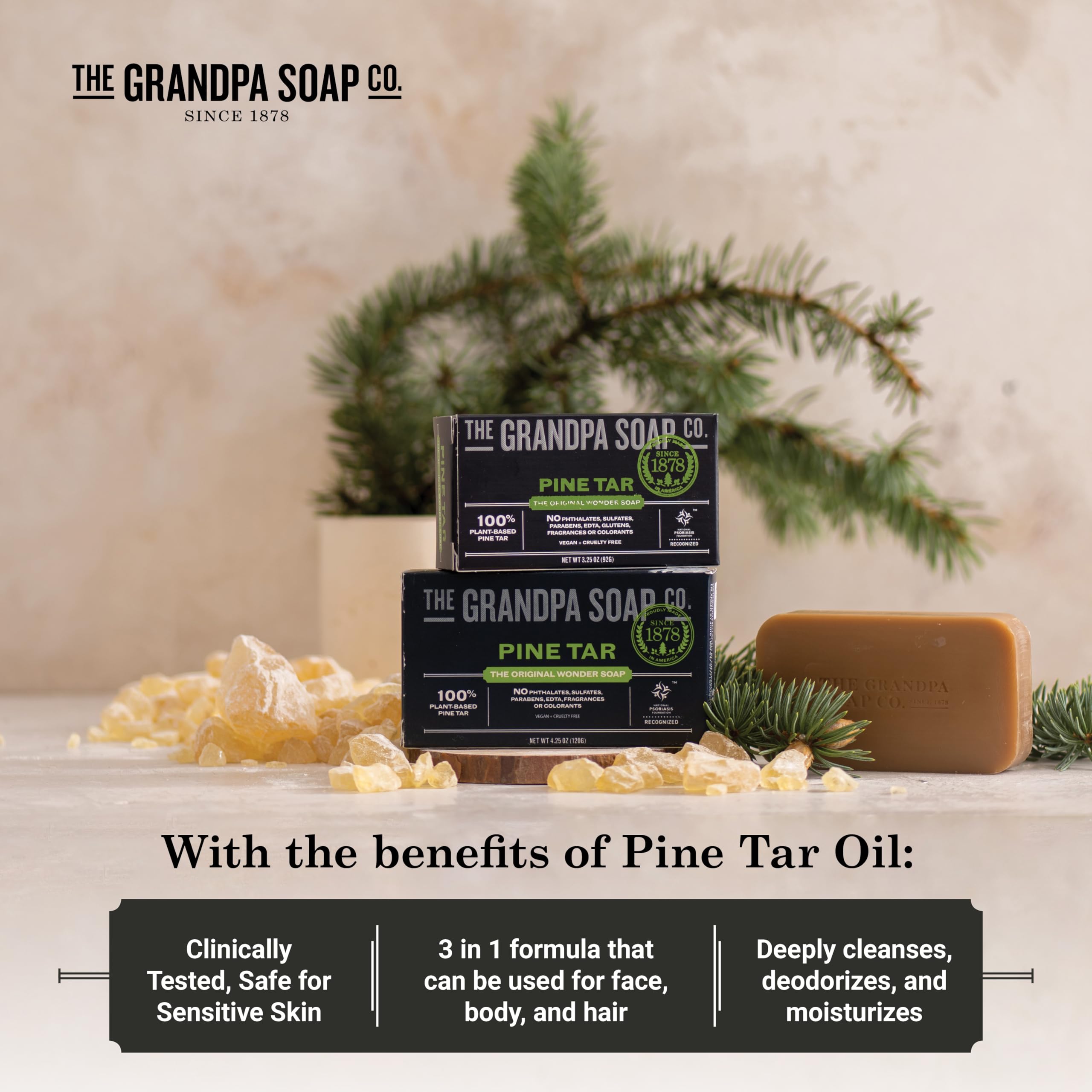 Pine Tar Bar Soap by The Grandpa Soap Company | The Original Wonder Soap |Vegan, 3-in-1 Cleanser, Deodorizer & Moisturizer | 3.25 Oz. Each – 2 Pack