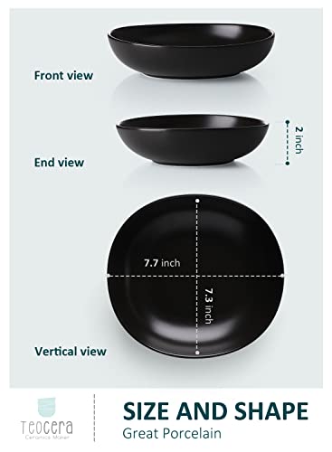 Teocera Wide and Shallow Porcelain Salad and Pasta Bowls Set of 6-24 Ounce Microwave and Dishwasher Safe Serving Dishes, Matte Black