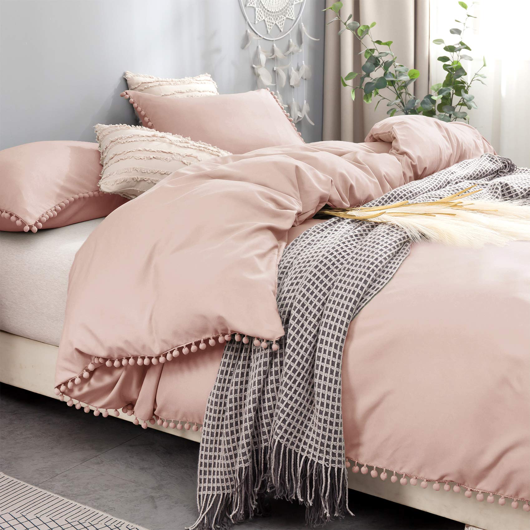 Bowavat Pom Pom Fringe Duvet Cover Twin Size,100% Washed Microfiber 3 Pieces Pink Mocha Duvet Cover Set, Soft and Durable with Zipper Closure and Corner Ties (Twin, Pink Mocha)