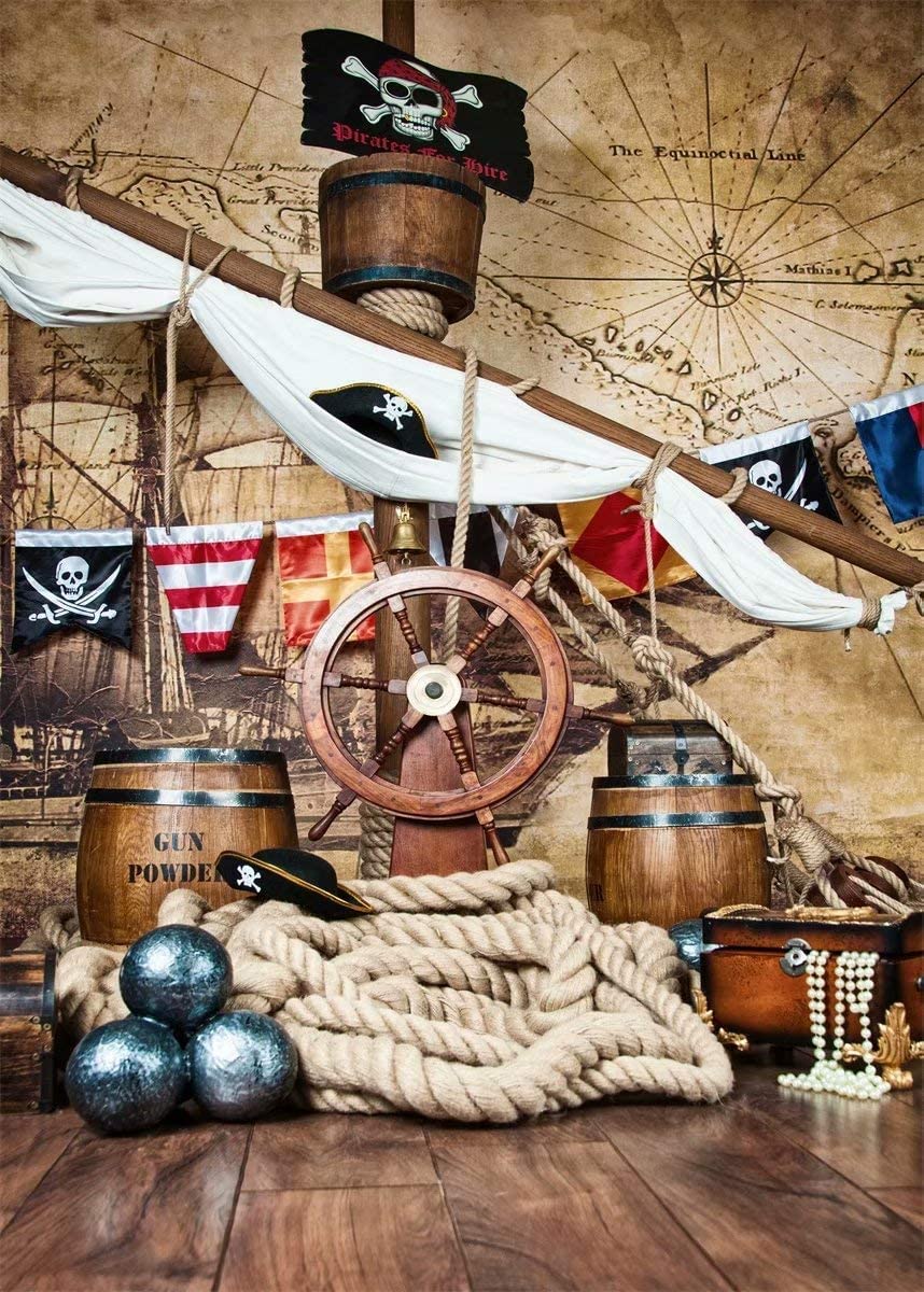 BELECO 5x7ft Fabric Pirate Backdrop Pirates Ship Deck Steering Wheel Skull Flag Halloween Pirate Photography Background Pirate Theme Party Decorations Kids Boy Adult Birthday Baby Shower Photo Props