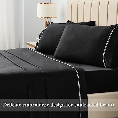 Aisbo Queen Sheet Set Black - Luxury Hotel 4-Piece Embroidered Bed Sheet Set with Easy Fit Deep Pocket, Extra Soft Cooling Bedding Sheet Set with Pillowases, Wrinkle Free, Fade Stain Resistant