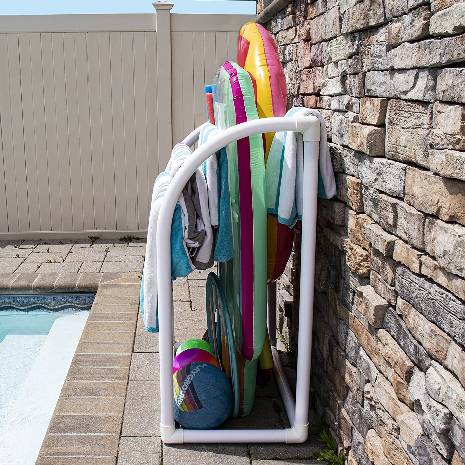Pool Bins 5 Bar Curved Towel Rack - Free Standing Poolside Storage Organizer - Also Stores Floats, Paddles and Noodles, (23" L x 37.5" W x 49.5 H), White