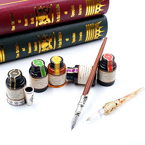 GC QUILL MU-02 Calligraphy Pen Set, Glass Dip Pen and Handcrafted Wooden Dip Pen Gift Set with 5 Colors Calligraphy Ink 6 Nibs 1 Pen Holder, Calligraphy Set for Beginners