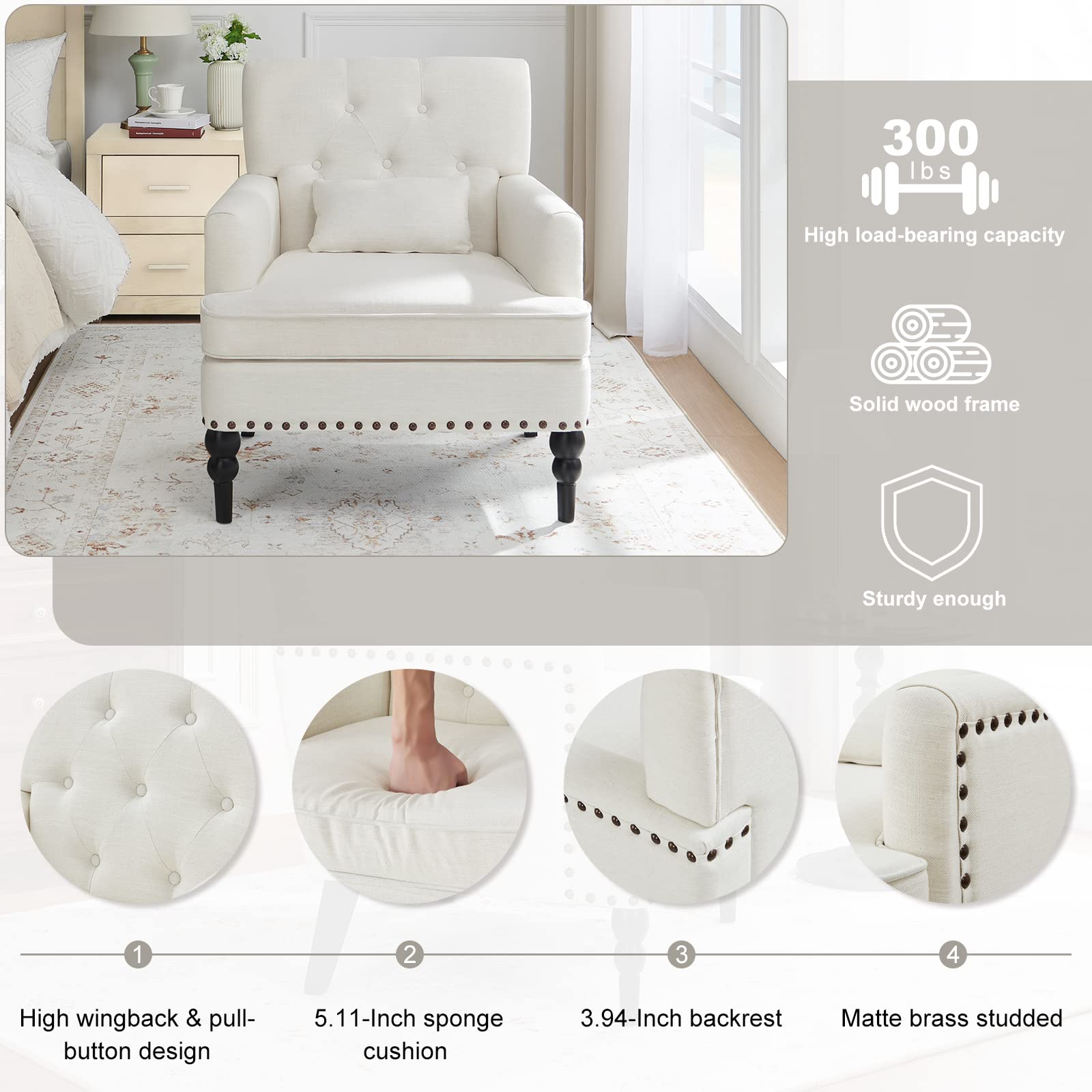 Accent Chair, Arm Chair,Living Room Upholstered Chair, Tufted Upholstered Sofa Club Chair for Bedroom, Comfy Reading Chair for Reception Room (White)