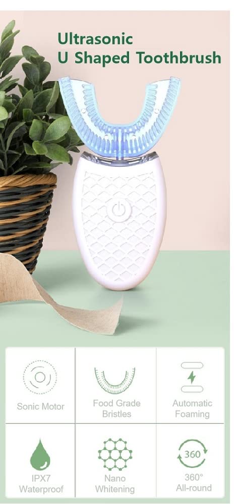 CeqCin Adult Sonic Electric Toothbrush Set U-Shaped Toothbrush 4 Modes Built-in Smart Timer Teeth Whitening Hands Free Toothbrush(Pink)