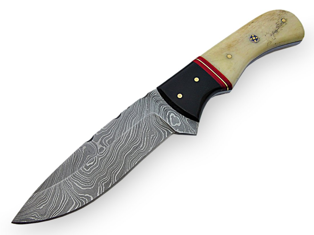 AishaTech Asek Fixed Blade Hunting Knife Damascus Steel Blade Bone Handle