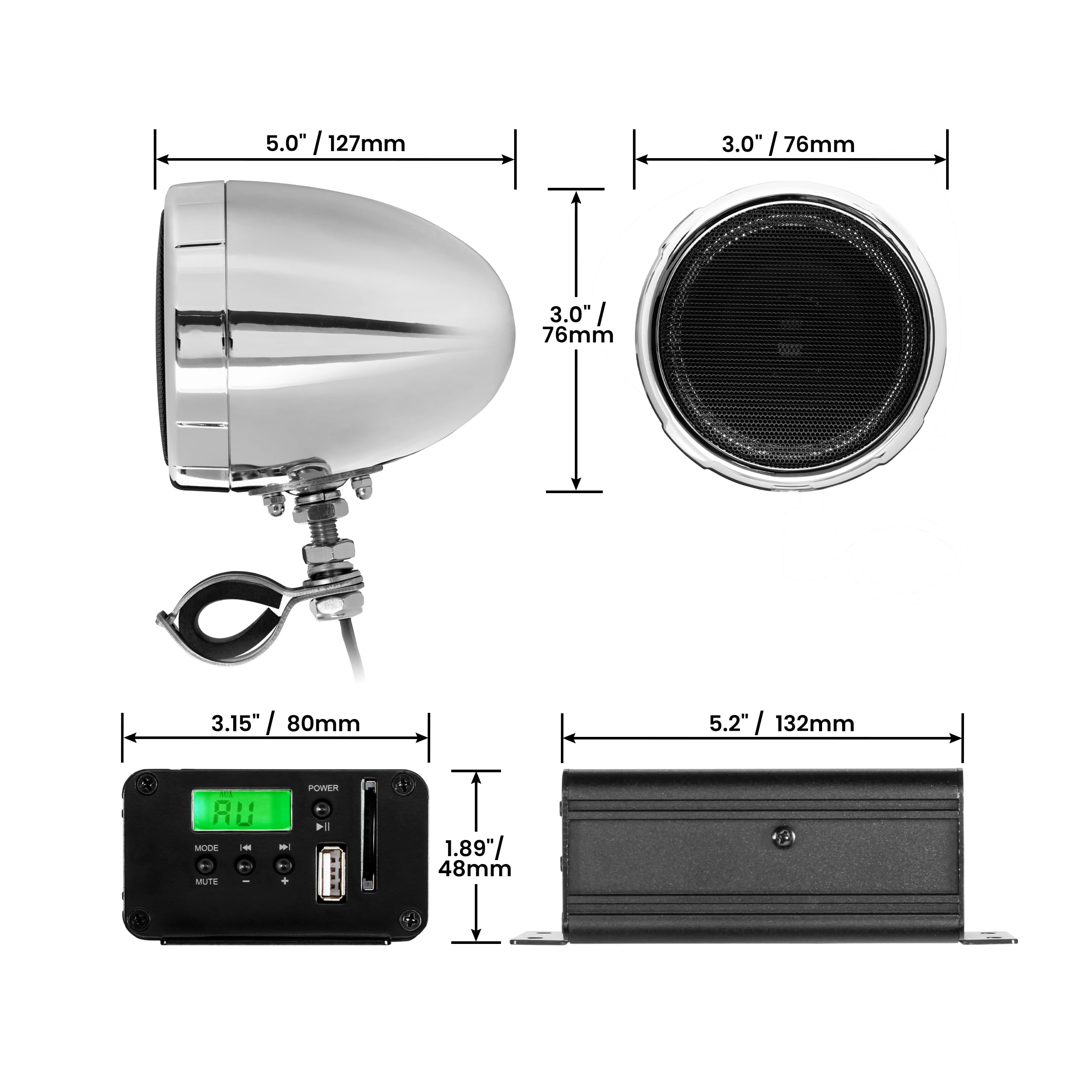 BOSS Audio Systems MC520B 3 Inch Motorcycle Speakers and Amplifier Stereo Sound System - Bluetooth, Weatherproof Full Range Speakers, 2 Channel Amplifier, Wireless Remote, Use With ATV UTV