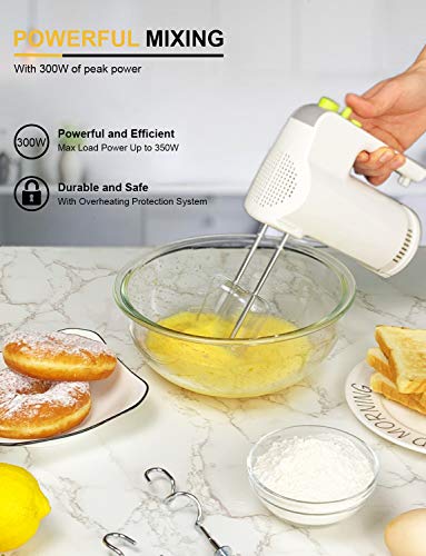 Hand Mixer Electric, MOSAIC Mixer with Cord & Attachments Storage and 4 Stainless Steel Accessories, Easy Eject Handheld Mixer for Whipping Mixing Cookies, Brownies, Cakes, Dough (White)