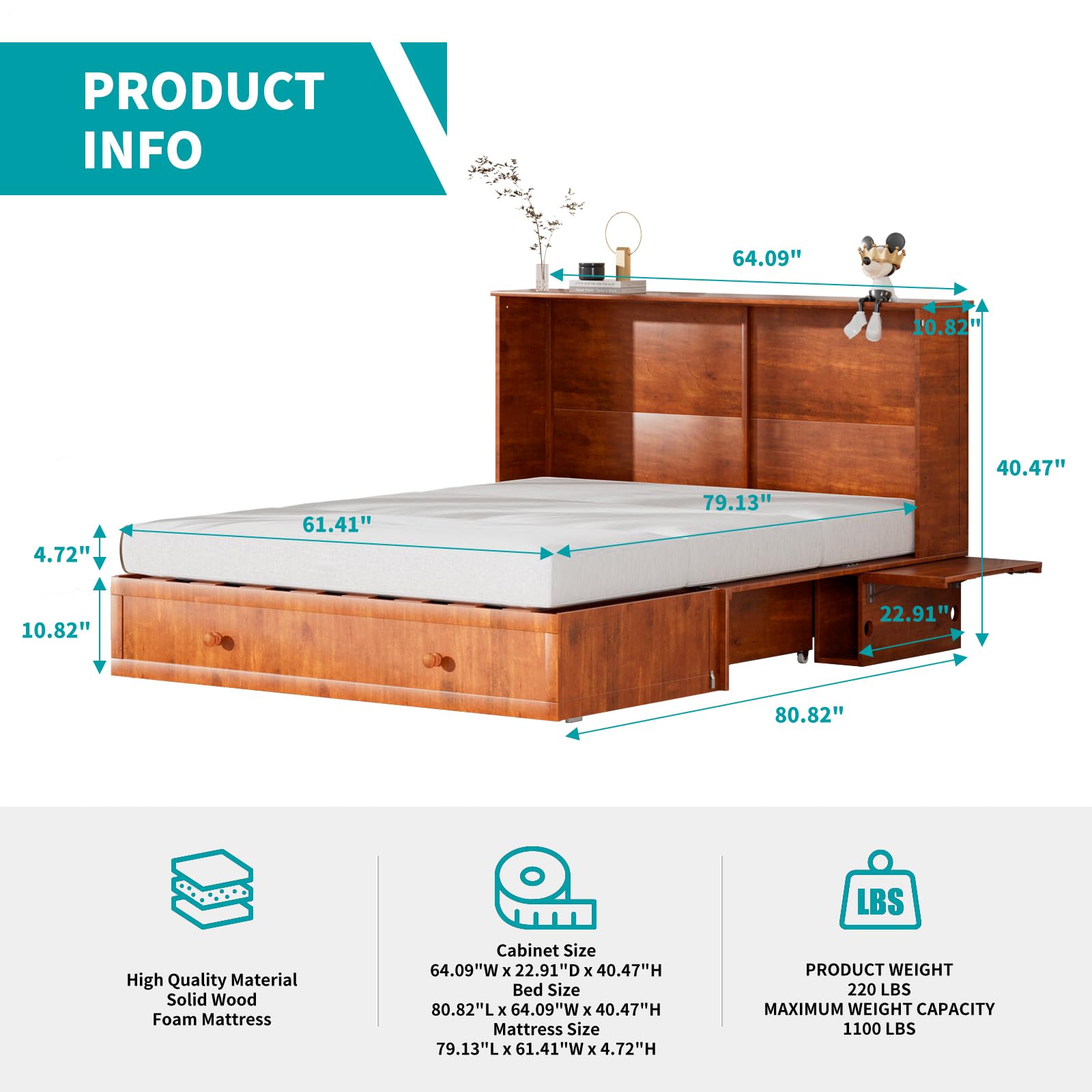 BALUS Murphy Bed Cabinet, Queen Size Cabinet Bed with Tri-fold Mattress, USB Charging Station, Storage Drawer, Folding Night Stand Trays/Convertible/Easy Assembly/Space Saving - Cherry