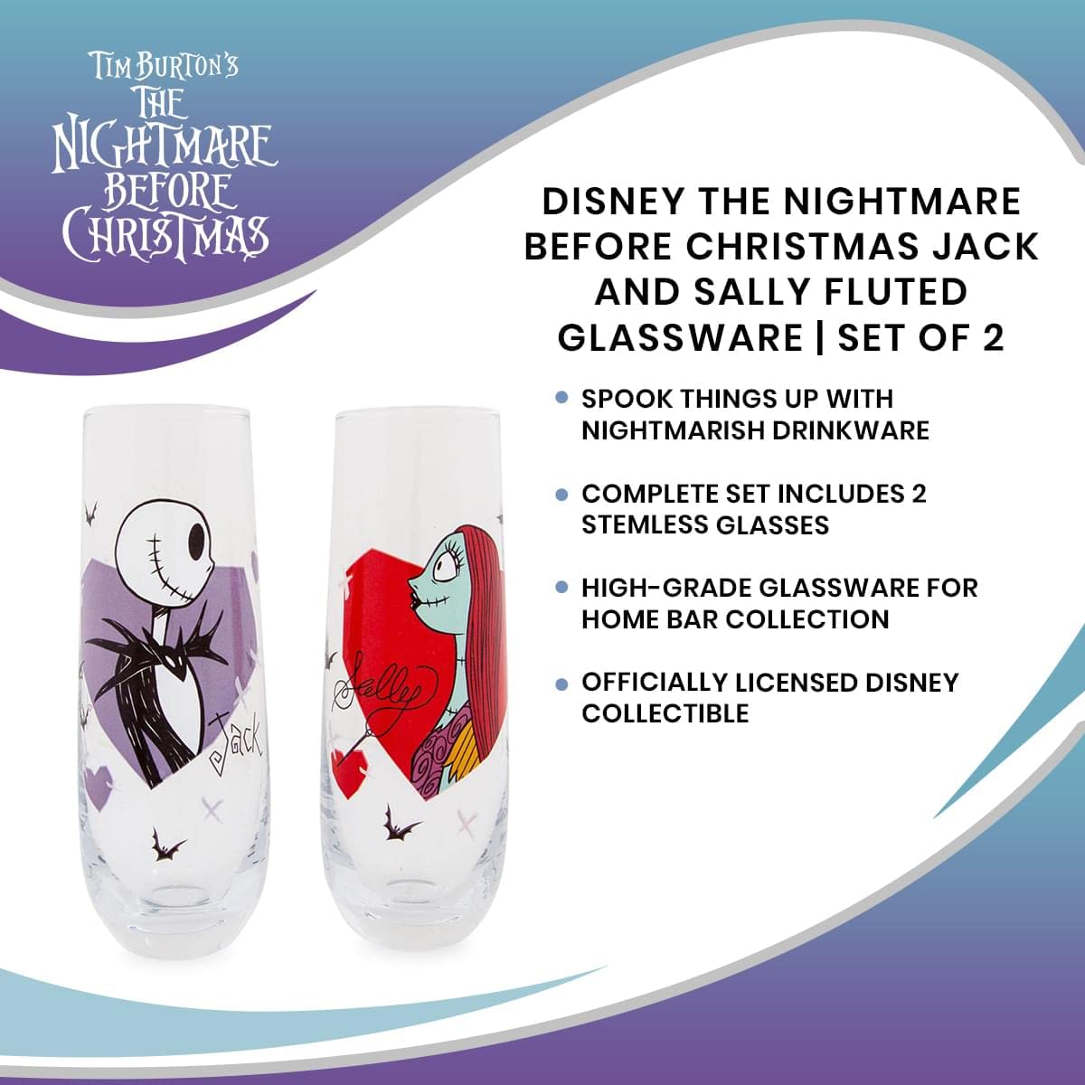 Disney The Nightmare Before Christmas Jack and Sally 9-Ounce Stemless Fluted Glassware, Set of 2 | Toasting Champagne Glass Cups For Wine, Mimosas, Cocktails | Home Bar & Kitchen Essentials