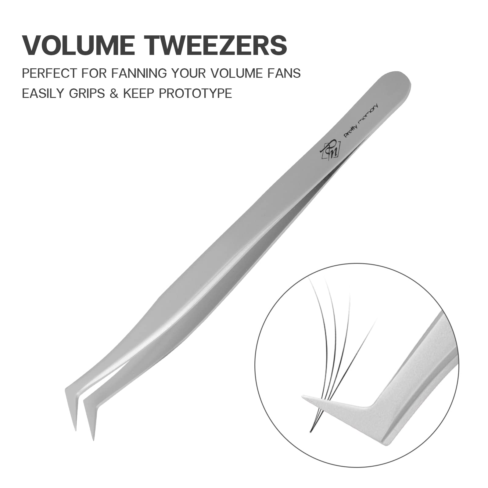 Pretty memory Volume Lash Tweezers, Stainless Steel Eyelash Extension Tweezers, Professional Precision Mega Curved Angled Tweezer, Silver