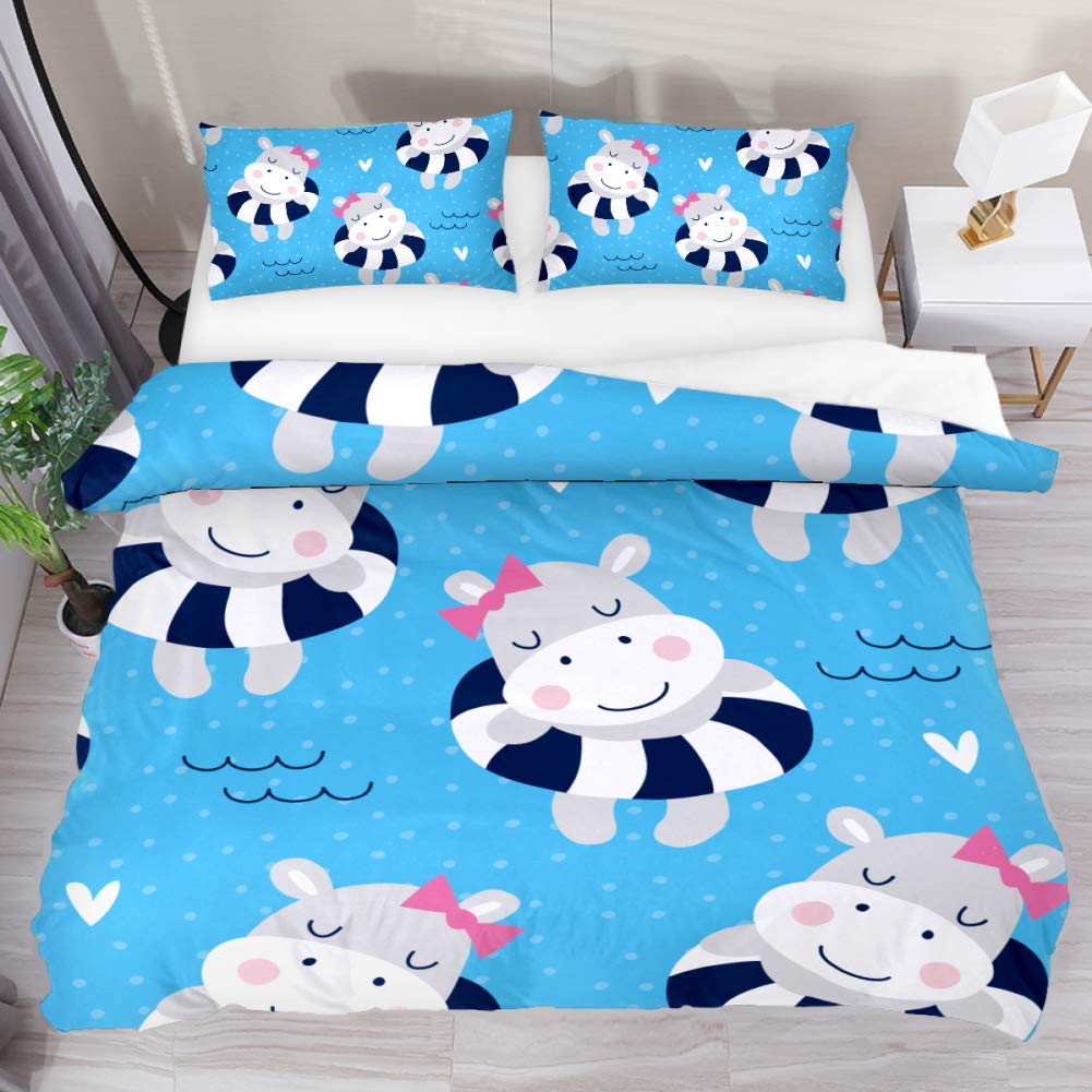 AISSO 3 Pieces Duvet Cover Set Queen Cute Hippo Girl Breathable Comforter Cover Set with Zipper Closure