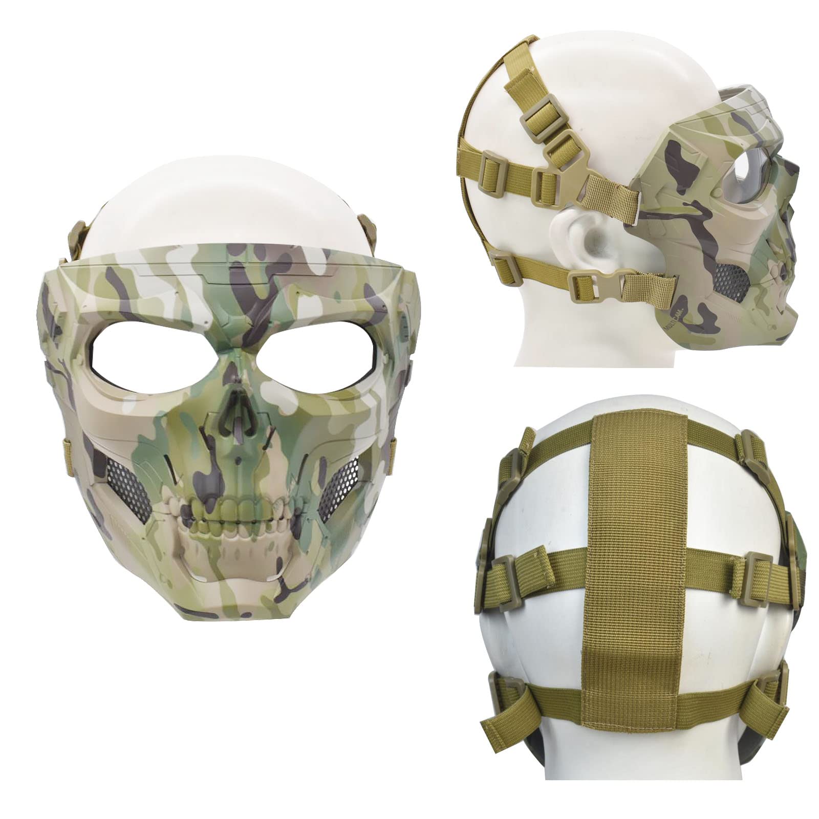 Airsoft Mask & Earmuffs Ear Hearing Protection Headphones Shooting Ear Protection Ear Muffs Full Face Skull Mask Clear Goggle (Camo)