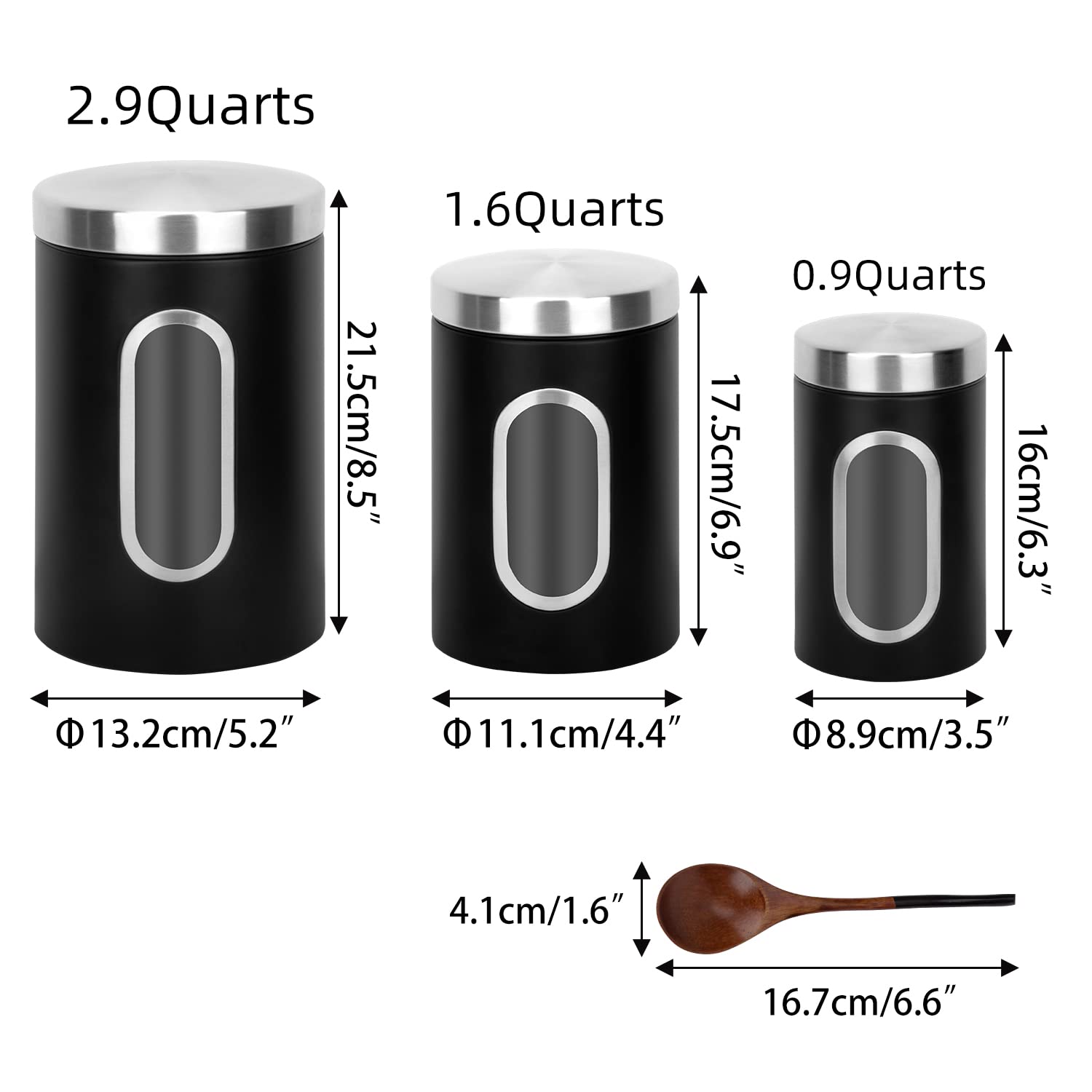 AEUNKIUO White Kitchen Counter Canister set 3 pieces, 0.9/1.6/2.9 Quarts Stainless Steel Flour Sugar Tea Coffee Biscult Storage Containers with with Long Wood Spoon&Visible