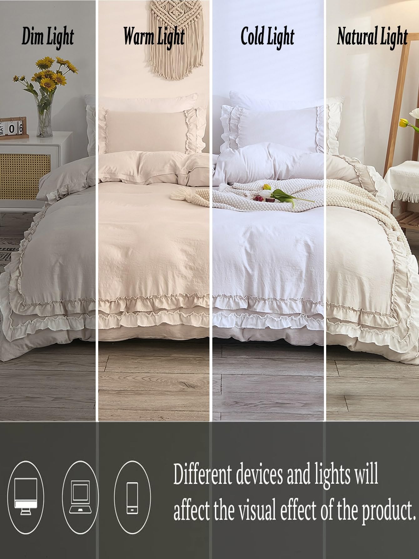 QWINEE 3Pcs Shabby Chic Double Layer Ruffle Duvet Covers Sets Soft 3 Pieces Boho Vintage Farmhouse Bedding Set with 1 Comforter Cover and 2 Pillowcases for All Season Rustic Lightweight Beige Queen