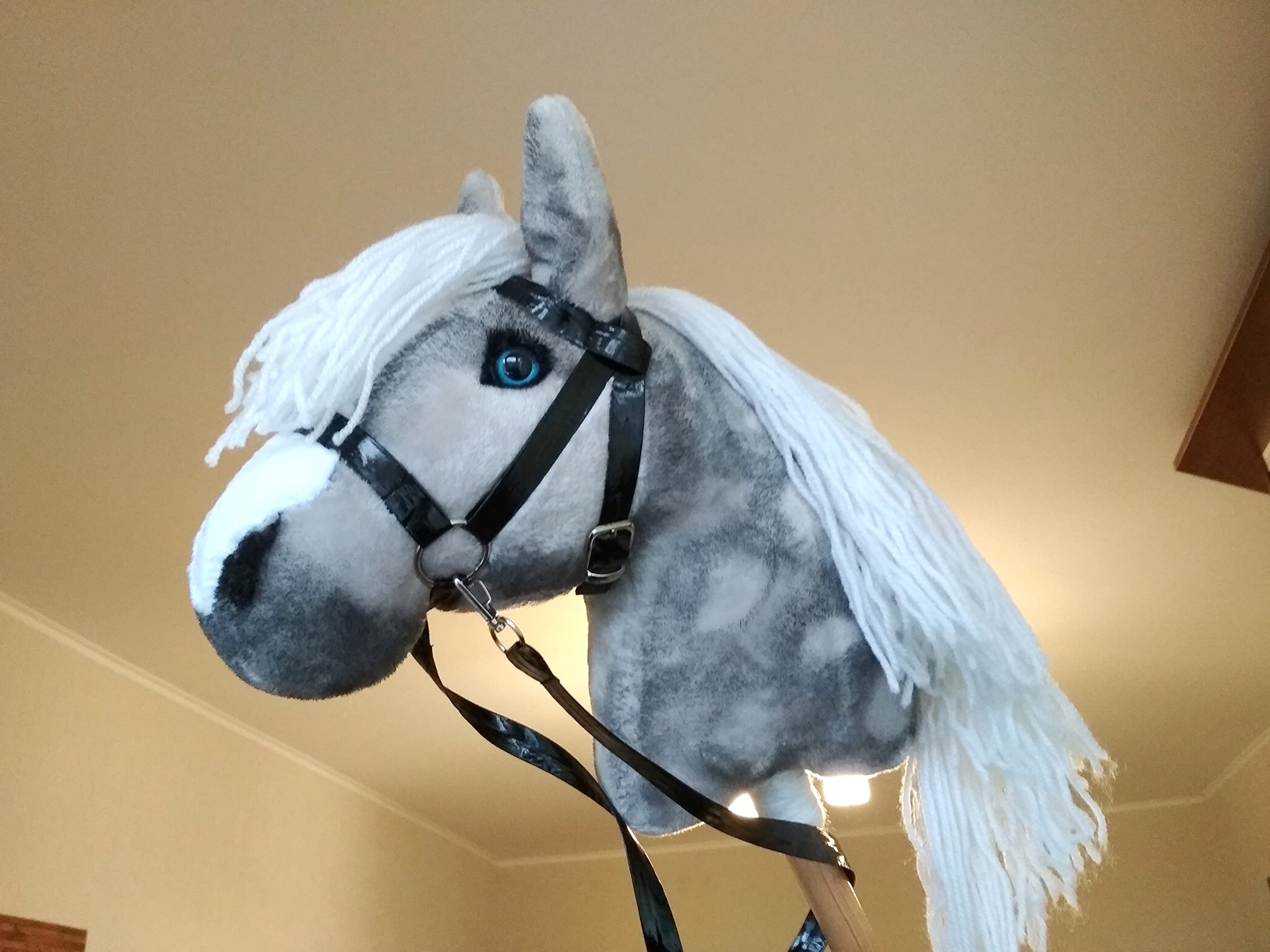 Gray stick hobby horse A4 Realistic plush handmade toy horse with bridle