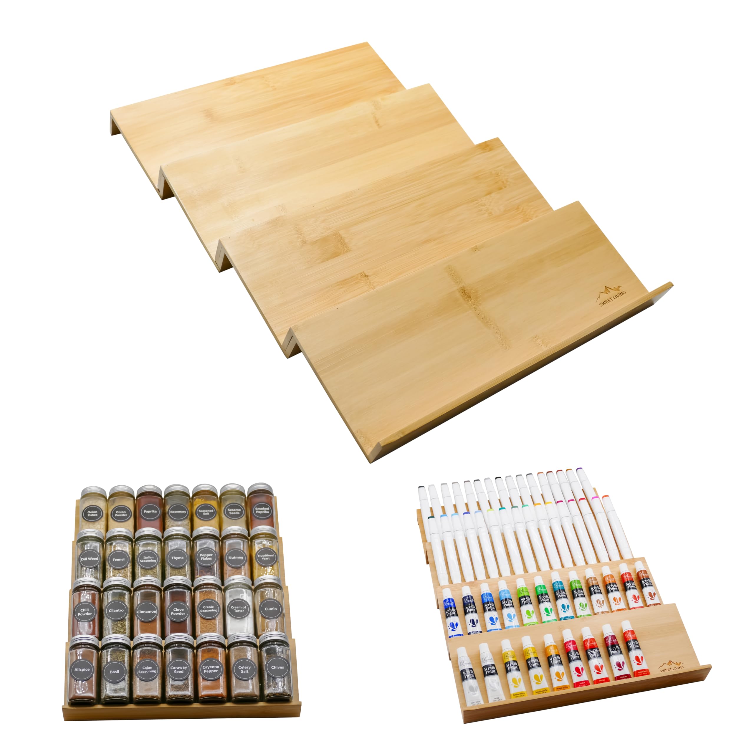 Bamboo Spice Drawer Organizer Insert for Shallow Drawers - 4 Tier In Drawer Spice Organizer (5" D x 13" W x 1.2" H)- Stackable Spice Rack for Drawer for Spice Organization- Drawer Spice Rack Organizer