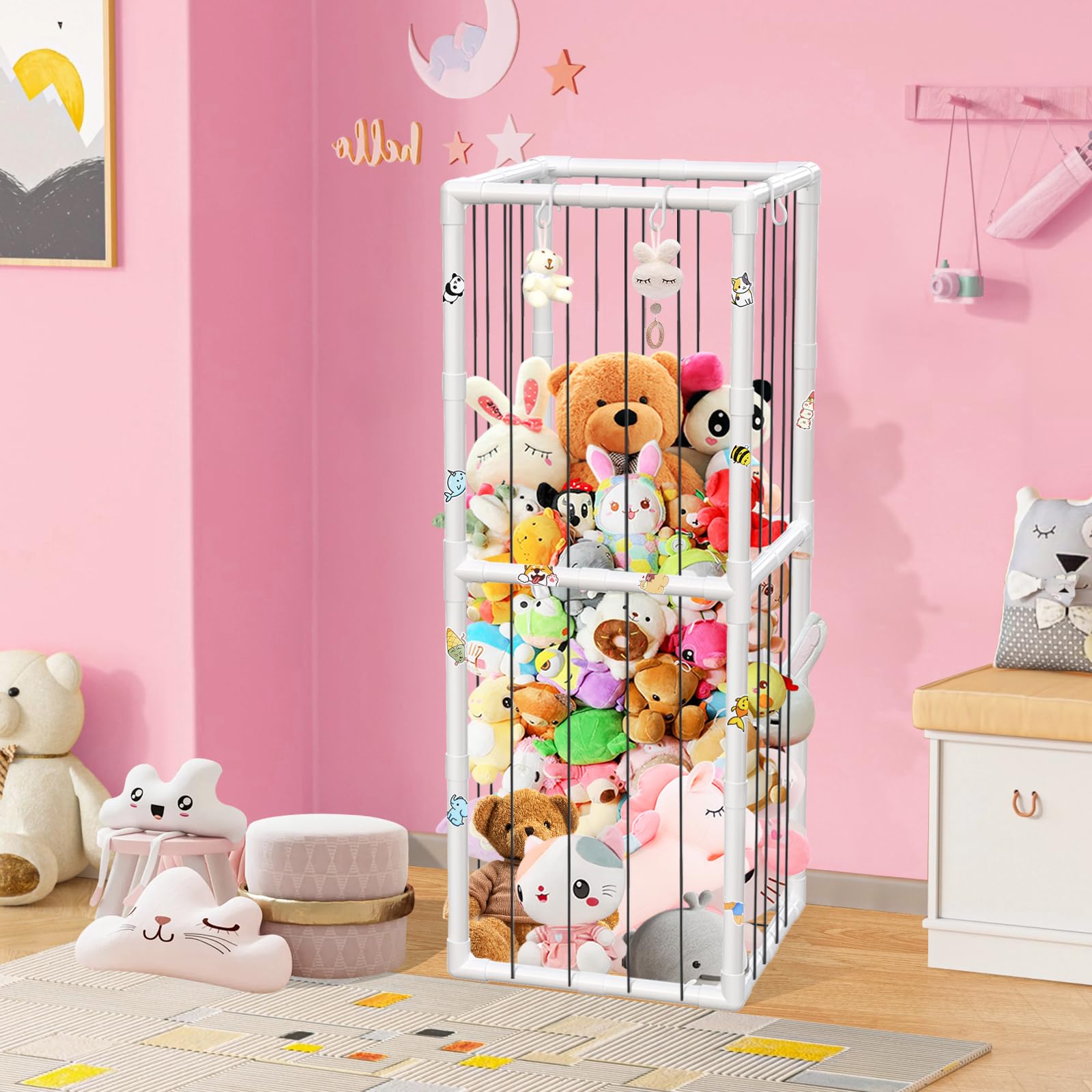 sunoyar Plush Stuffed Animal Storage Holder, Large Capacity Zoo Storage Cage Organizer, Animal Holder Organizer with Bottom Net for Nursery Play Room Bedroom Decoration