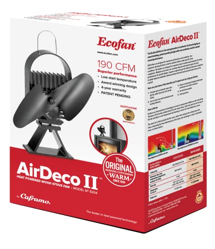 Ecofan® AirDeco II, Superior Performance Stove Fan, Heat Powered, Contemporary Style. Low Start Temperature, 190CFM Black Blade, Large-Sized
