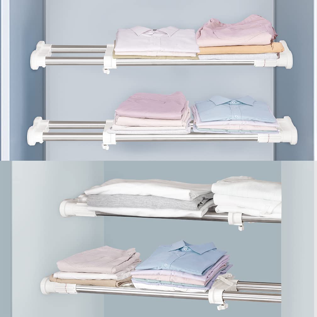 Hershii 2 Pack Expandable Closet Shelf Tension Rod Adjustable Metal Storage Rack Hanger Cabinet Organizer DIY Divider Separator for Wardrobe Cupboard Kitchen Bathroom, Ivory, 27.56-47.24 in