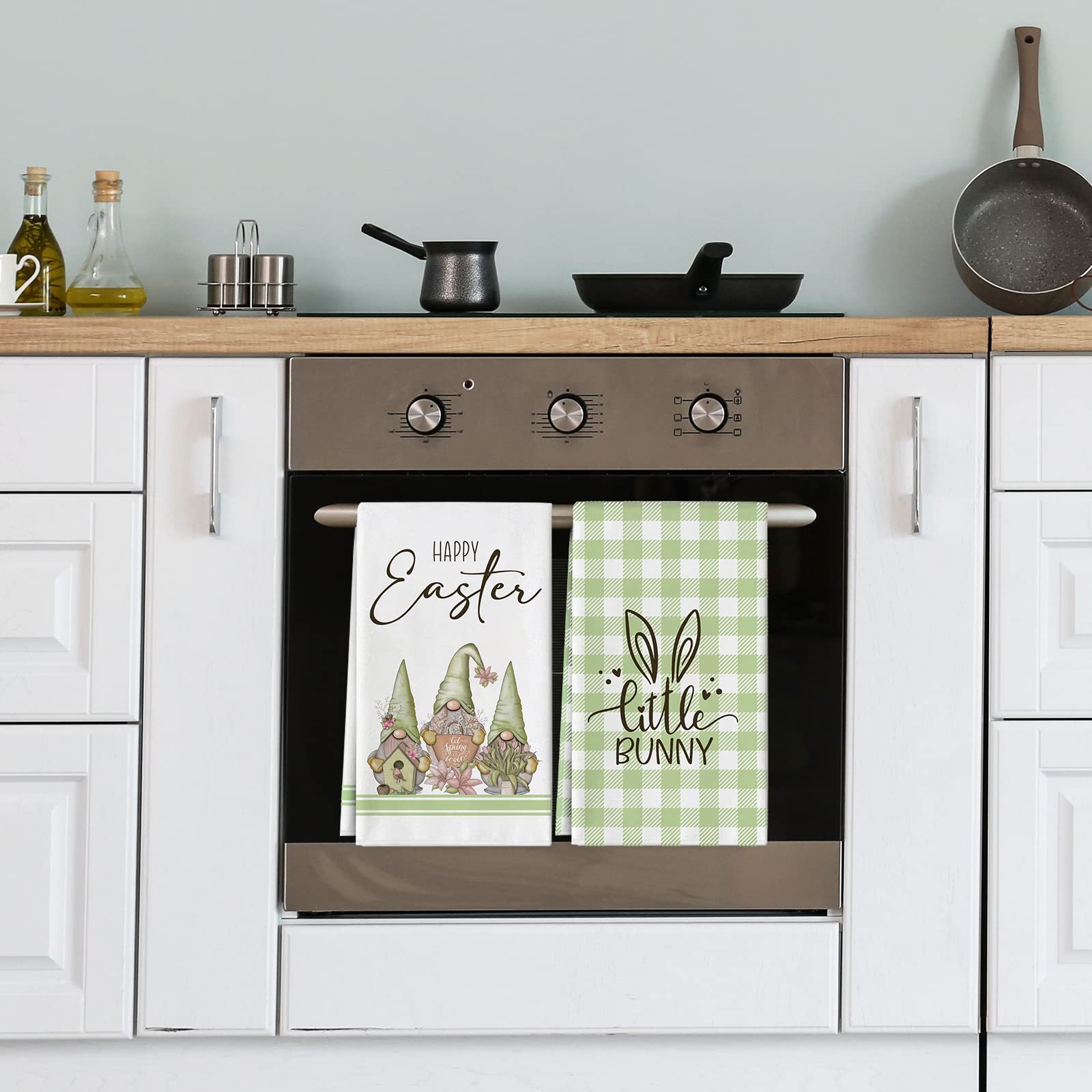AnyDesign Easter Kitchen Towel 18 x 28 Green White Buffalo Plaids Dishcloth Easter Bunny Rabbit Gnome Cloth Tea Towel Spring Decorative Hand Towel for Bathroom Kitchen Home Cooking Baking, 4Pcs