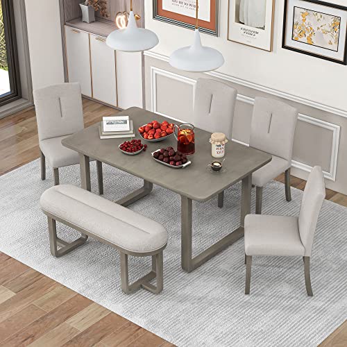 GLORHOME 6-Piece Retro-Style Set Table, 4 Upholstered Chairs & Bench | Foam-Covered Seat Backs & Cushions | Ideal for Dining Room | Light Khaki+Beige