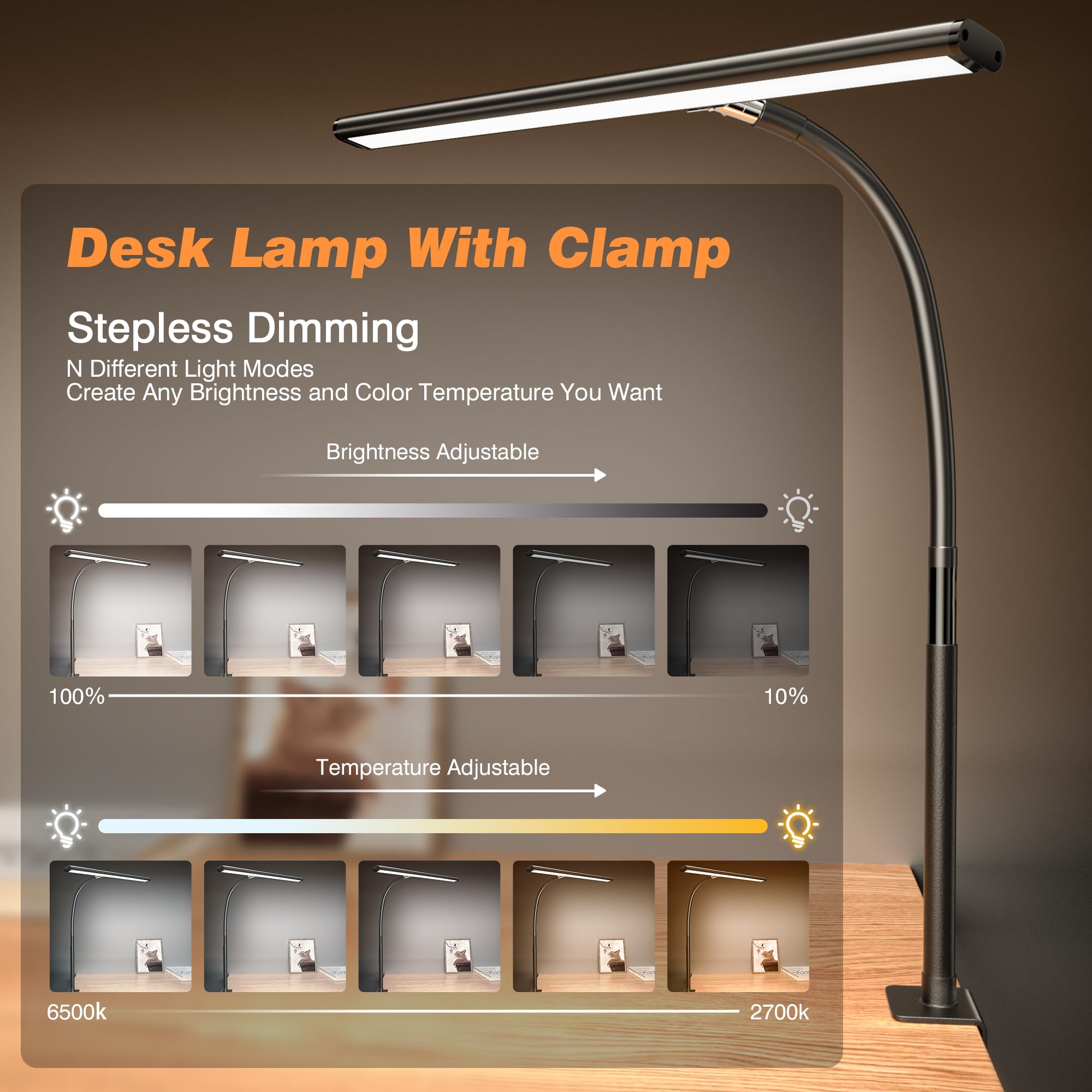Airlonv LED Desk Lamp for Office Home, Eye-Caring Desk Light with Stepless Dimming Adjustable Flexible Gooseneck, 10W USB Adapter Desk Lamp with Clamp for Reading, Study, Workbench (Black)